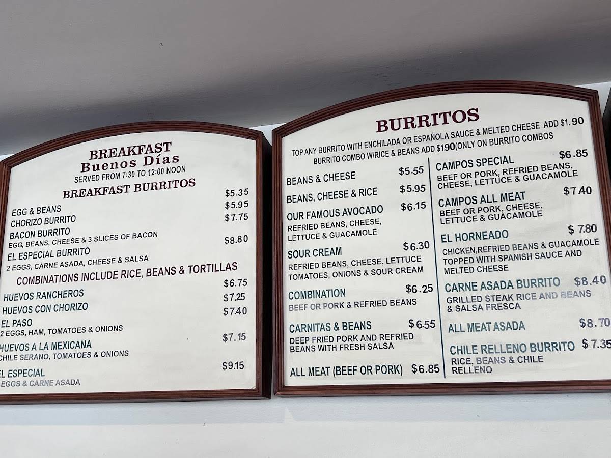 Menu at Campos Famous Burritos restaurant, Simi Valley