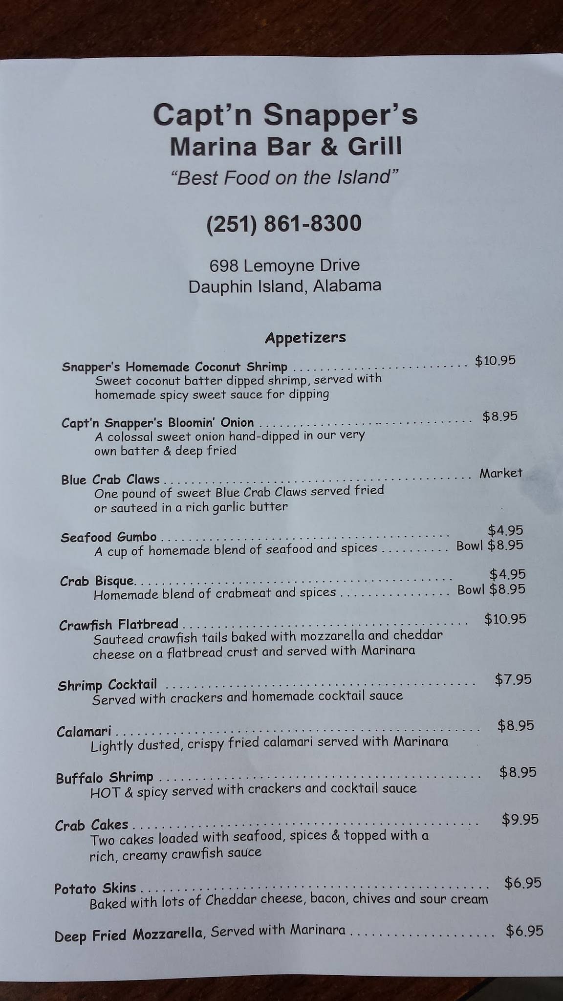 Menu at Capt'n Snapper's restaurant, Dauphin Island