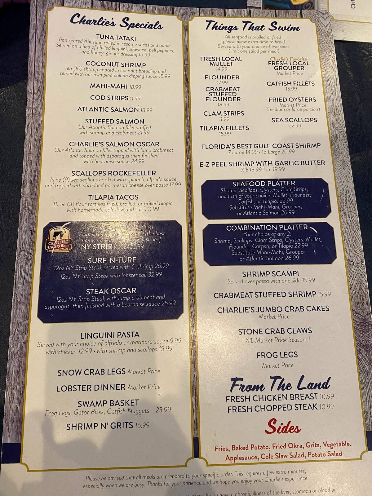 Menu at Charlie's Fish House Restaurant, Crystal River
