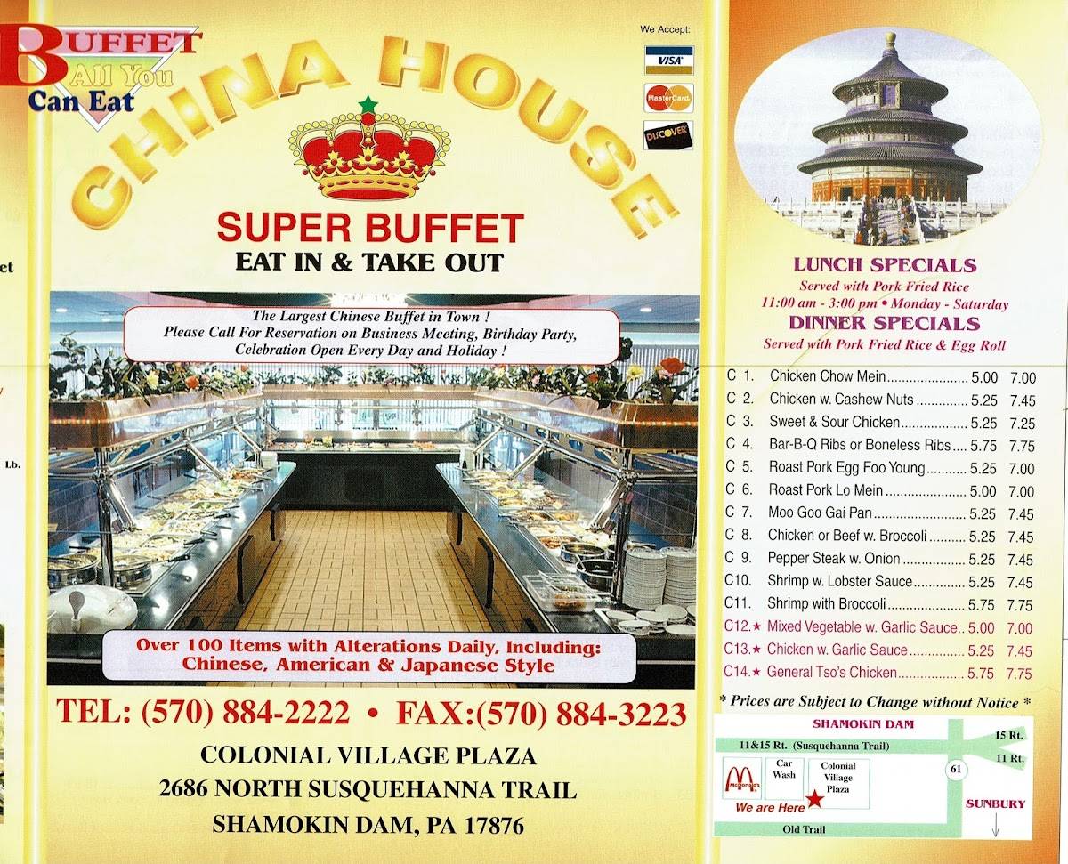 Menu at China House Buffet restaurant, Shamokin Dam