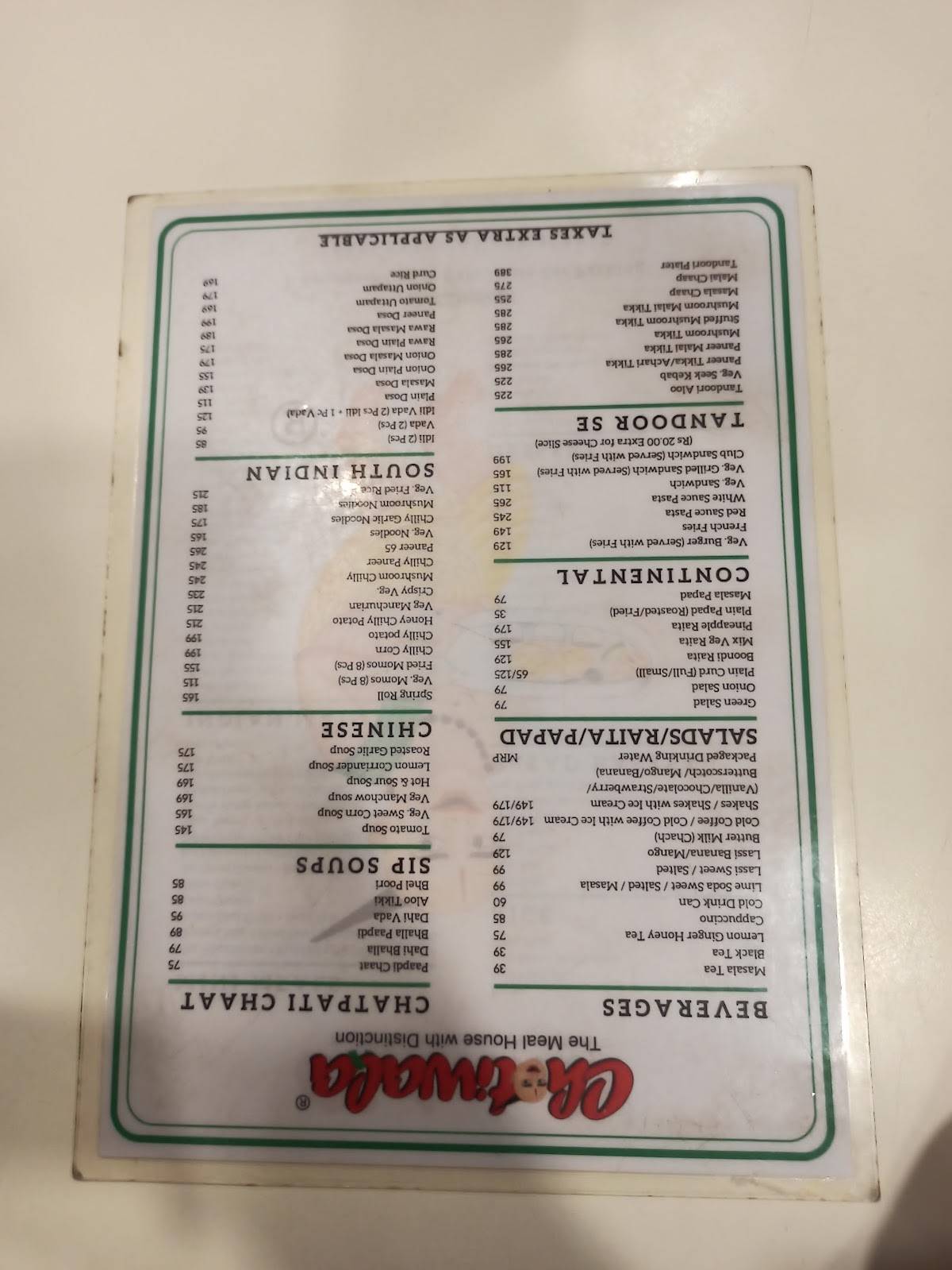 Menu at Chotiwala, Rishikesh, Swarg Ashram