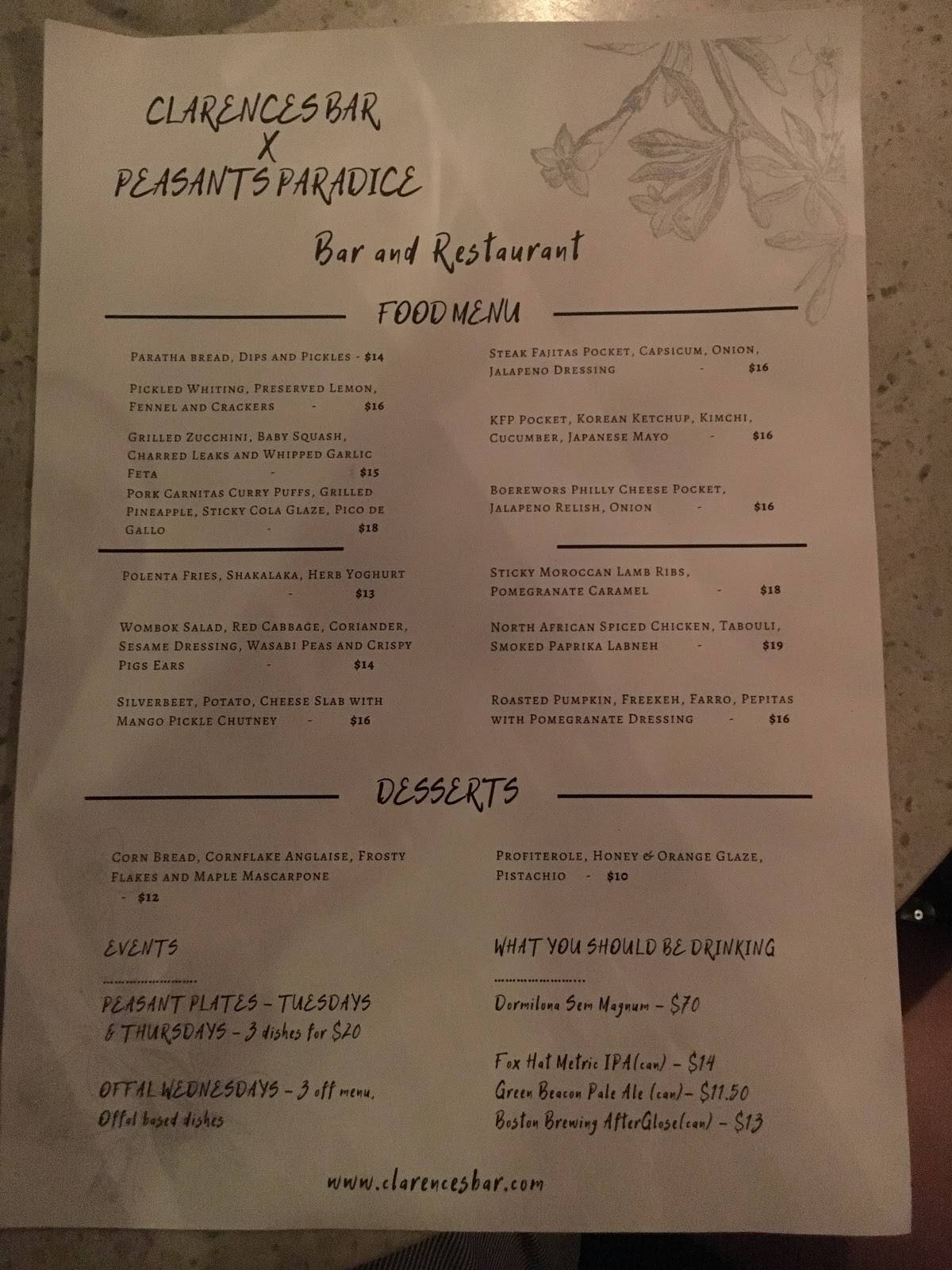 Menu at Clarences Company Store restaurant, Mount Lawley