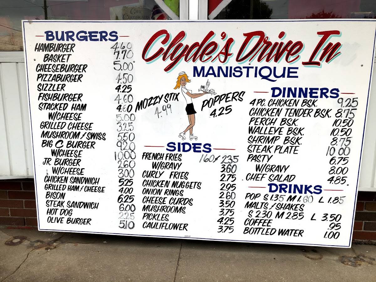 Menu at Clyde's Drive-In restaurant, Manistique