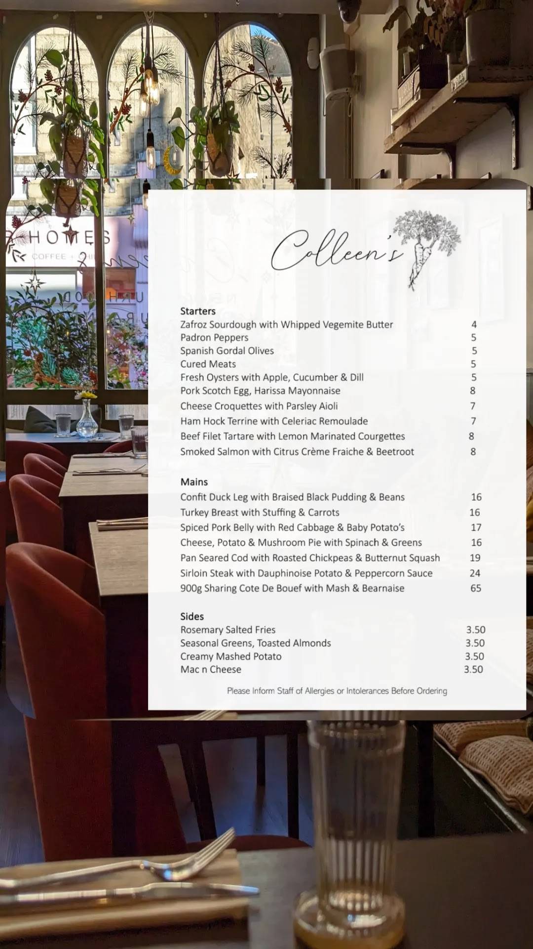 Menu at Colleen's Ramsbottom restaurant, Ramsbottom
