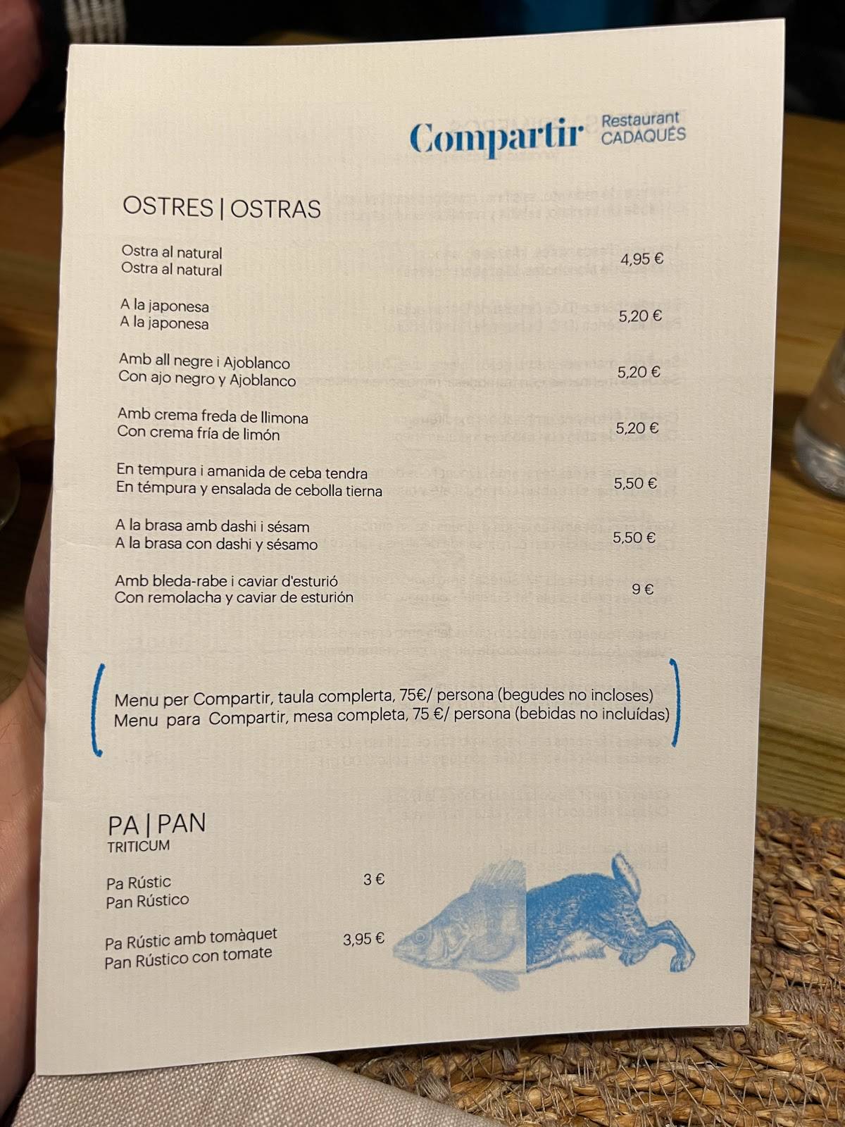 Menu at Compartir restaurant, Cadaqués, Riera de Sant Vicenç