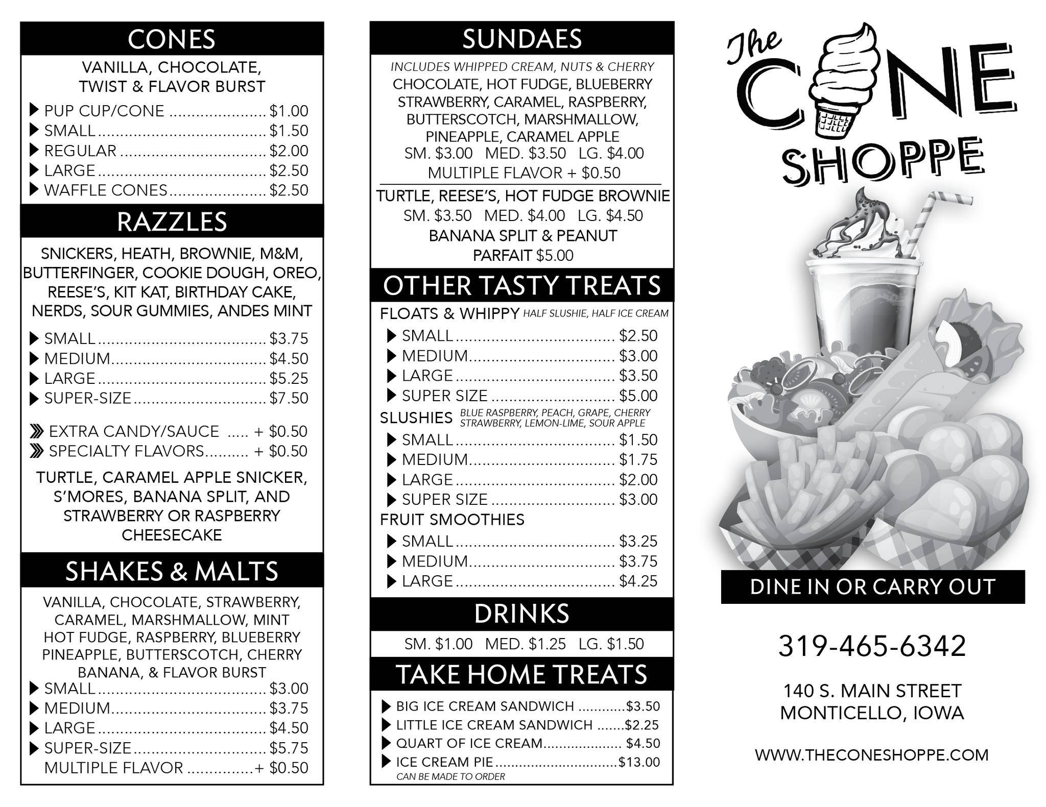 Menu at Cone Shoppe restaurant, Monticello