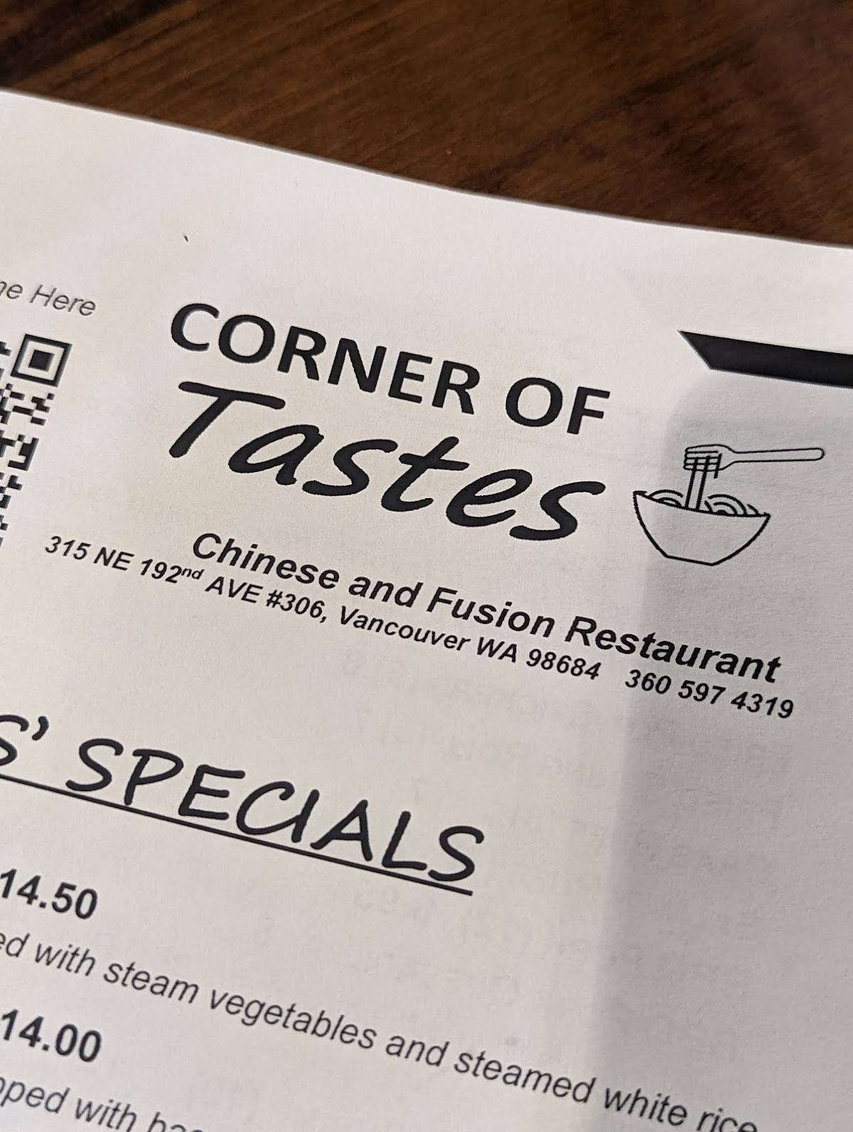 Menu at Corner of Tastes restaurant, Vancouver