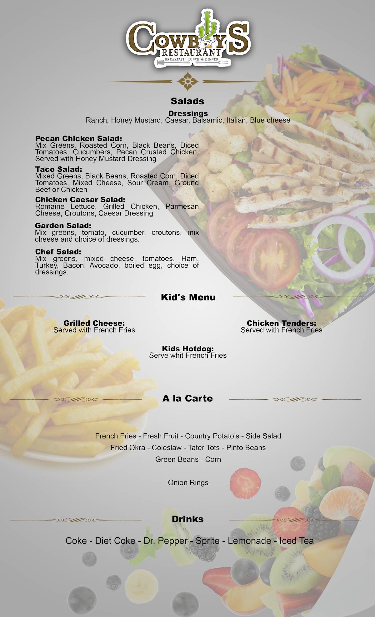 Menu at Cowboys Restaurant, Krum
