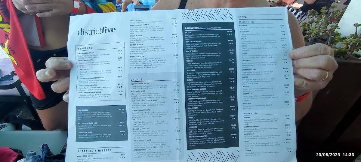 Menu at DistrictFive restaurant, Birżebbuġa