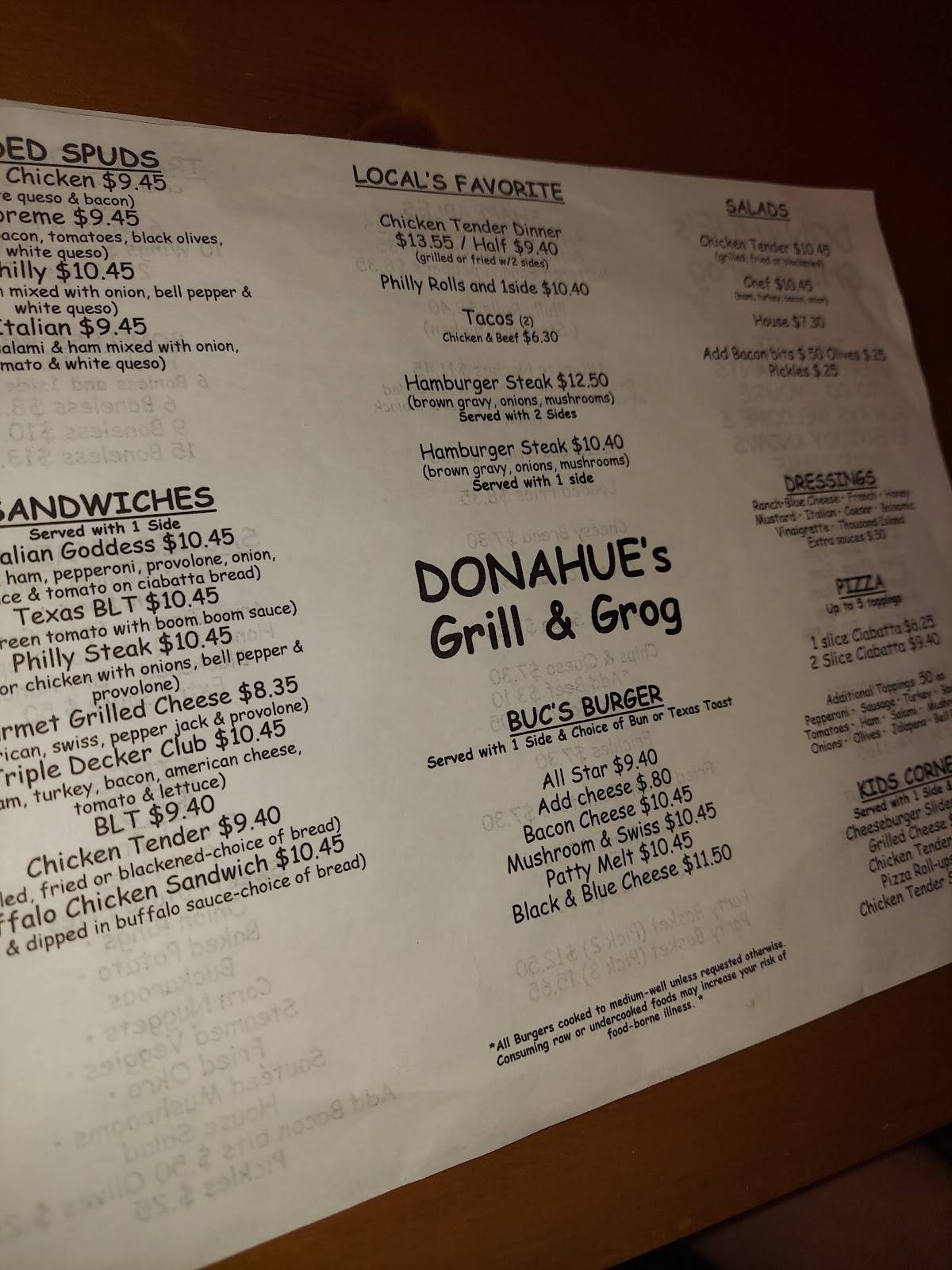 Menu at Donahue’s Grill & Grog restaurant, Ozark