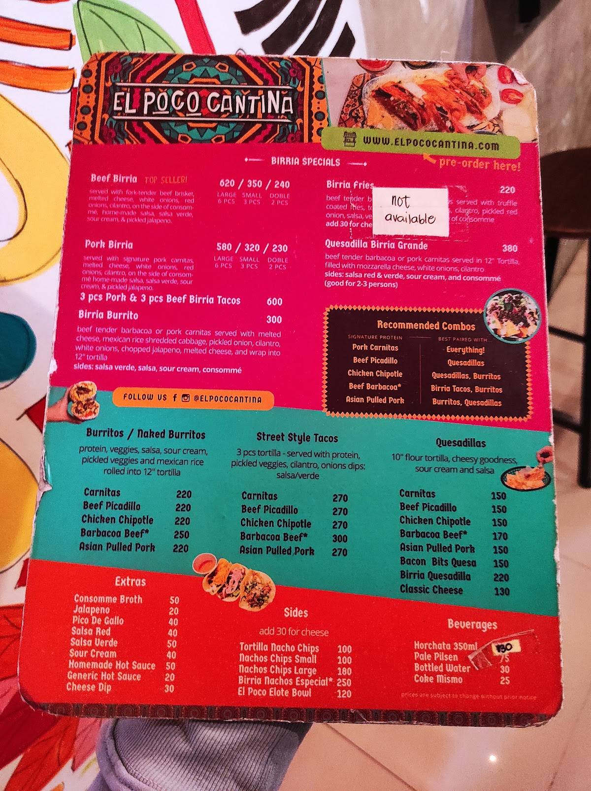 Menu at El Poco Cantina restaurant, Manila