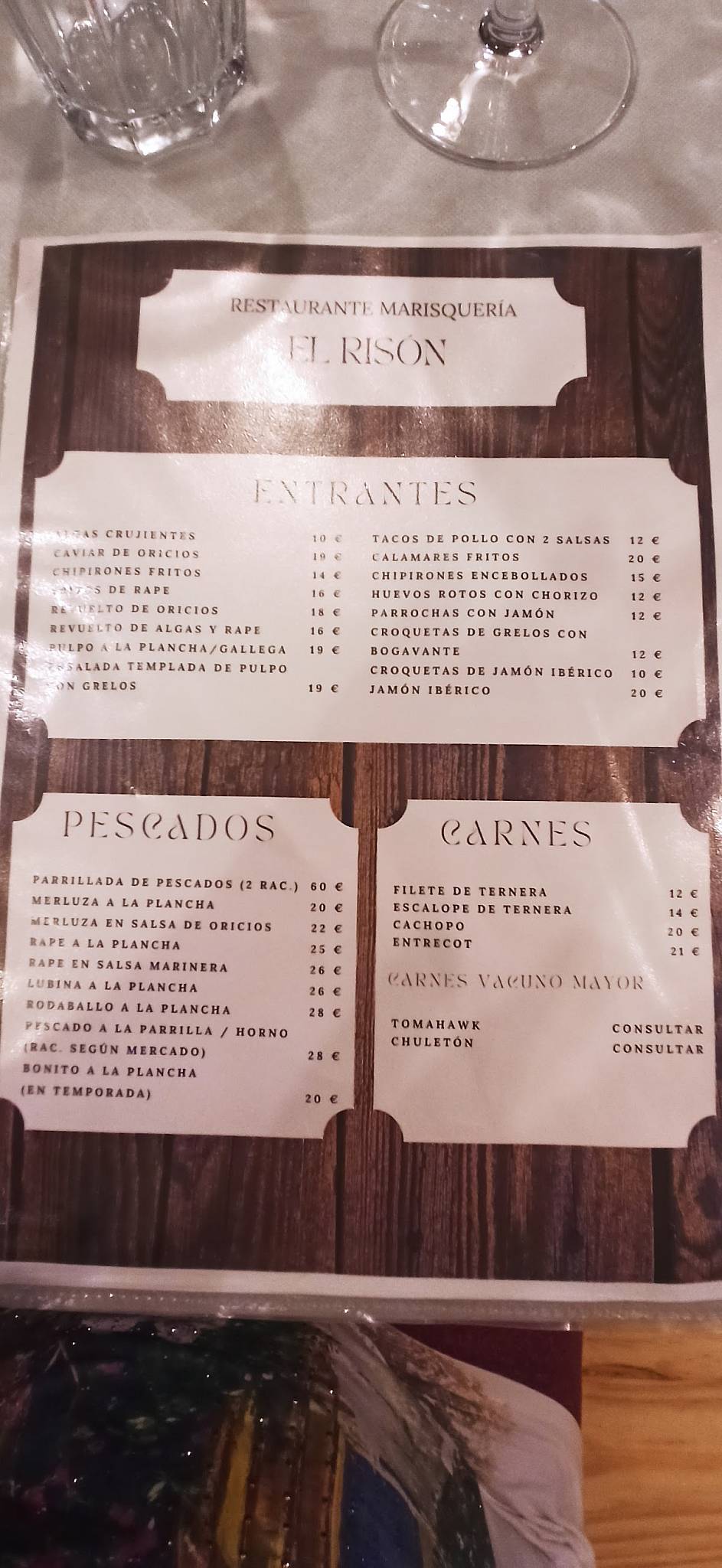 Carta del restaurante El Risón, Castropol