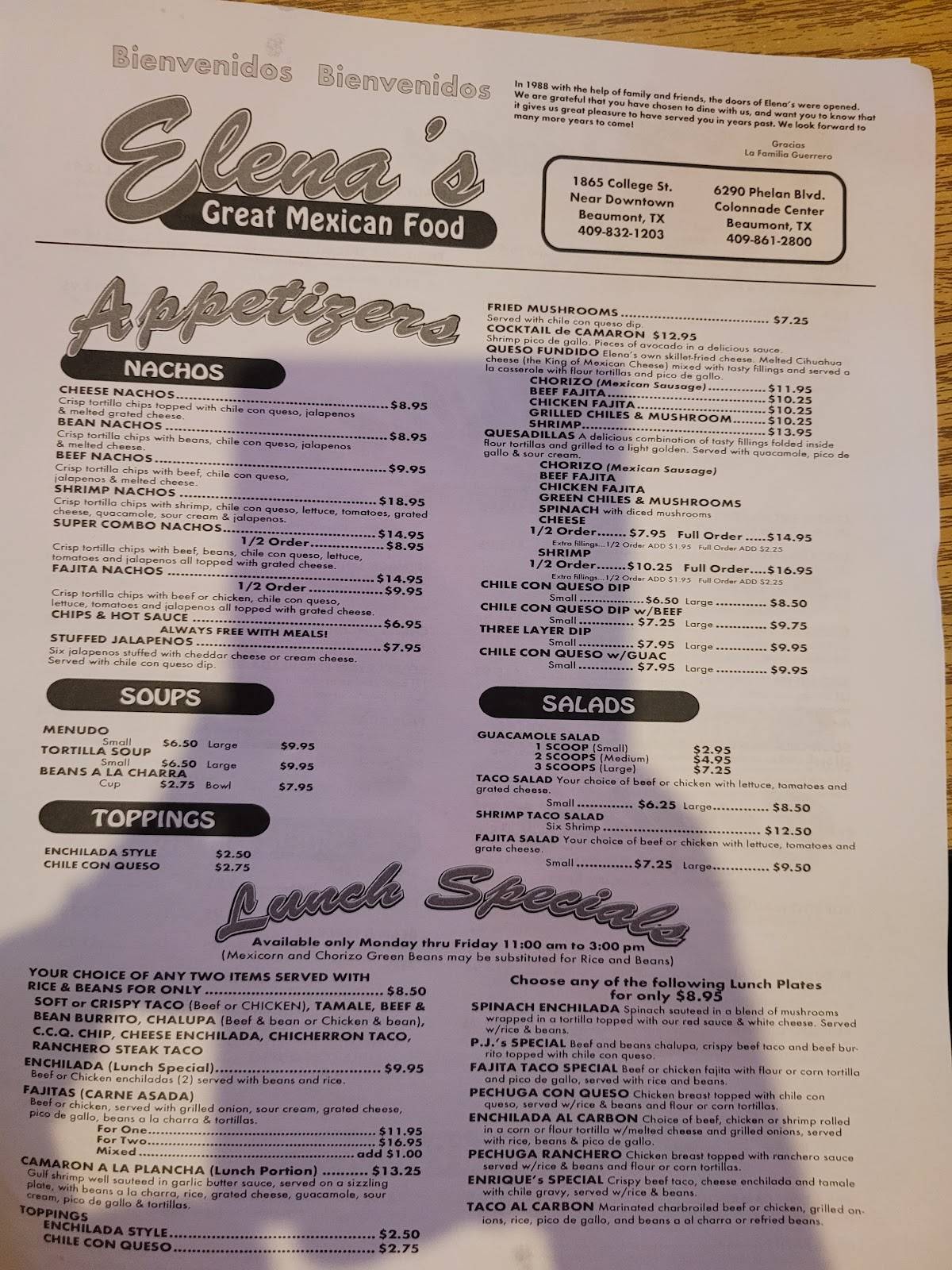 Menu at Elena's Mexican Restaurant, Beaumont, College St