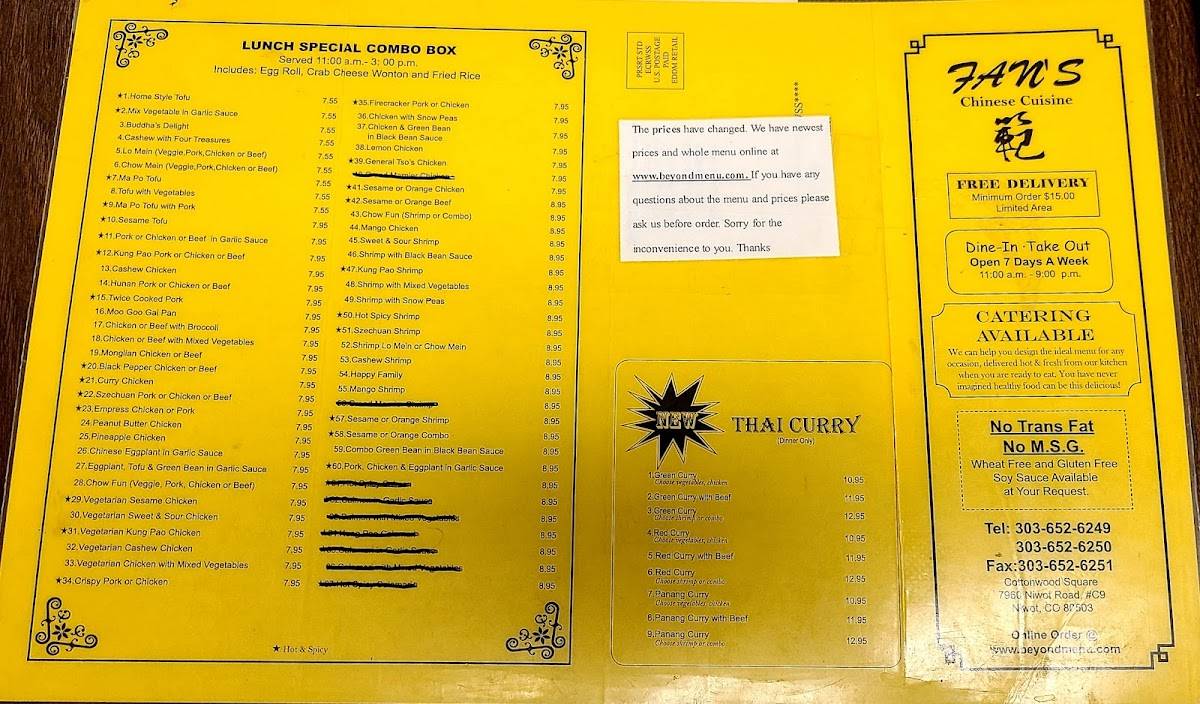 Menu at Fan's Chinese Cuisine restaurant, Longmont