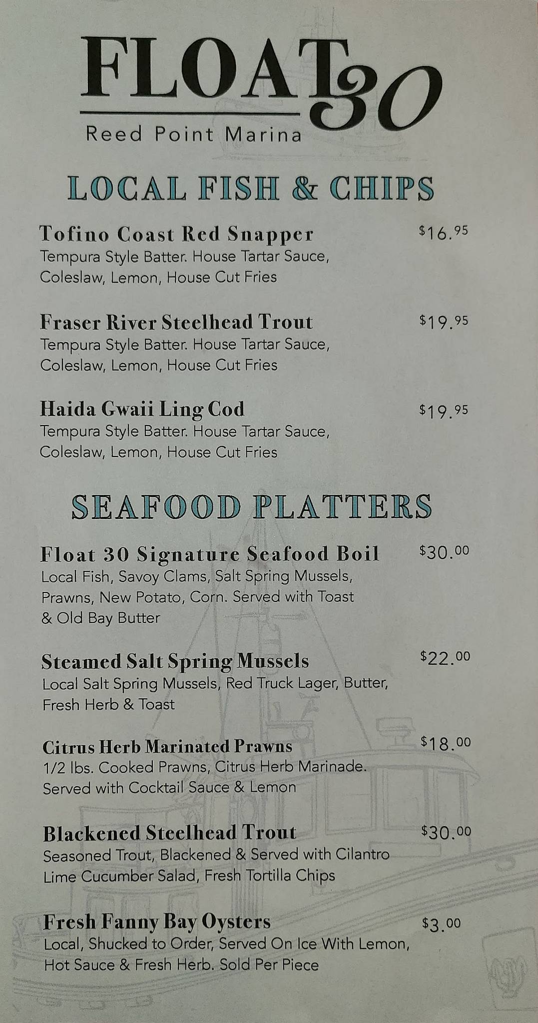 Menu at Float 30 restaurant, Port Moody