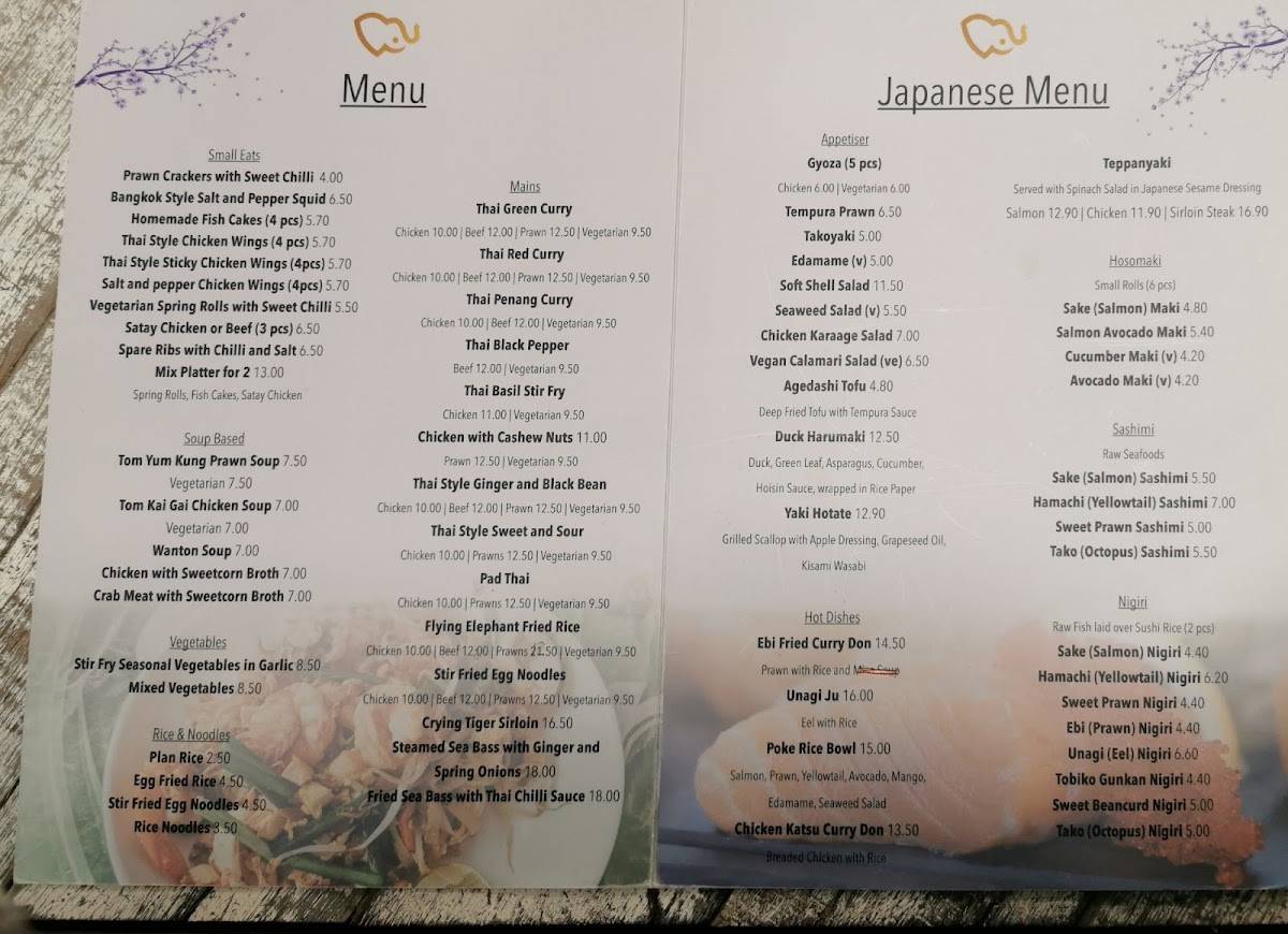Menu at Flying Elephant restaurant, Telford
