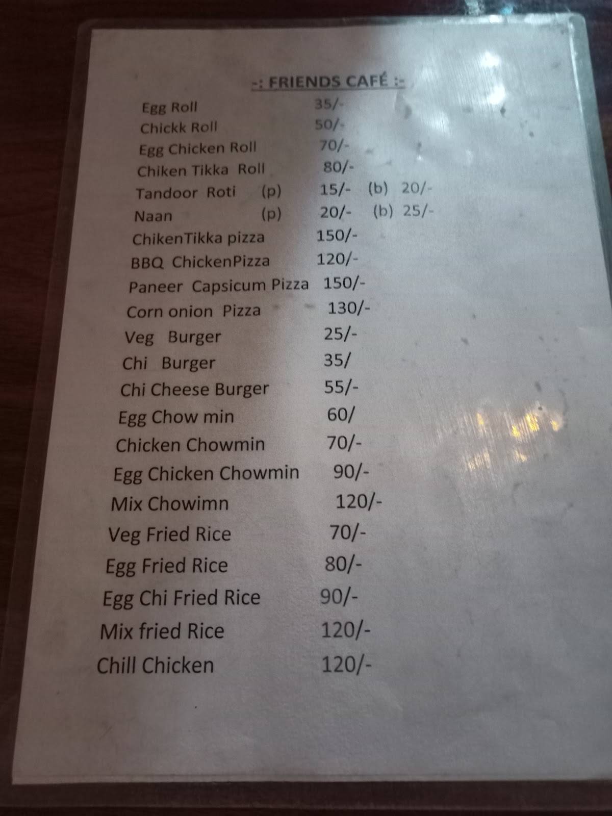 Menu at Friends cafe, Berhampore