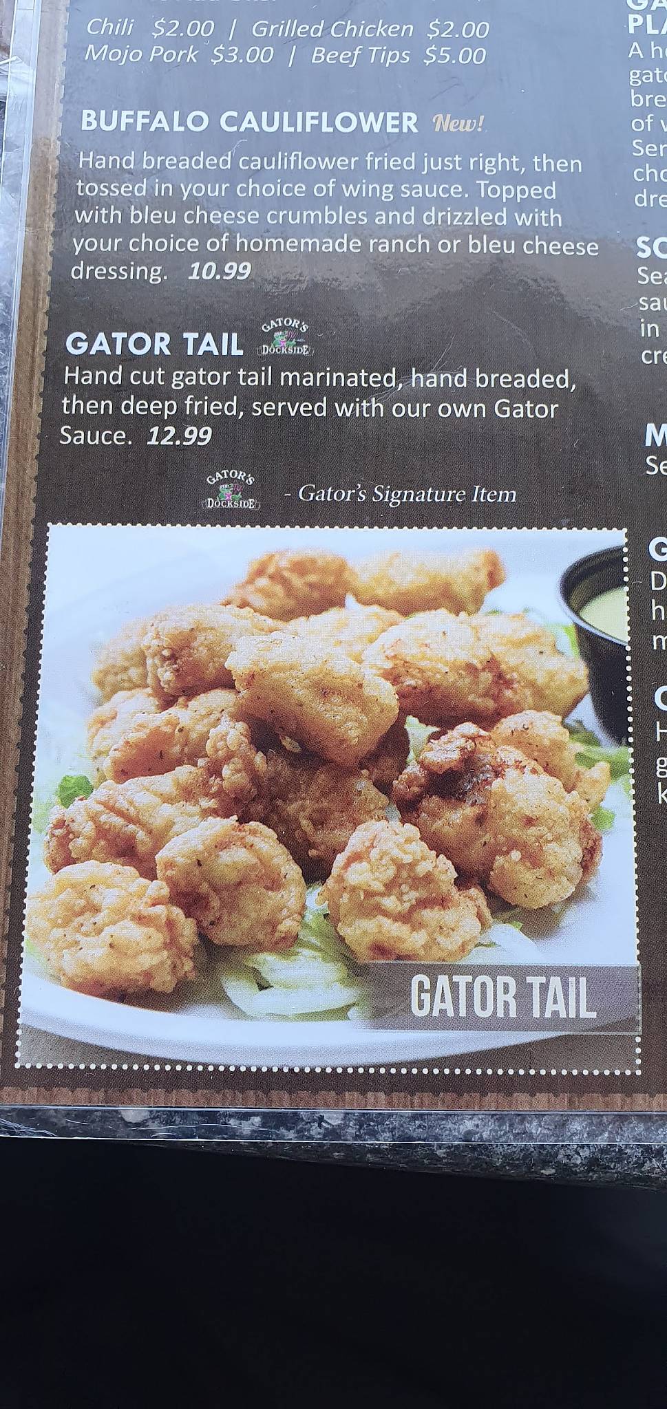 Menu at Gator's Portside Port Canaveral restaurant, Cape Canaveral