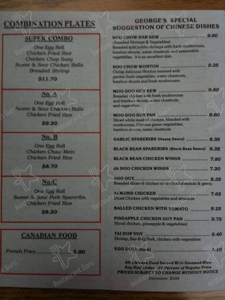 Menu at George's China Kitchen restaurant, North Bay
