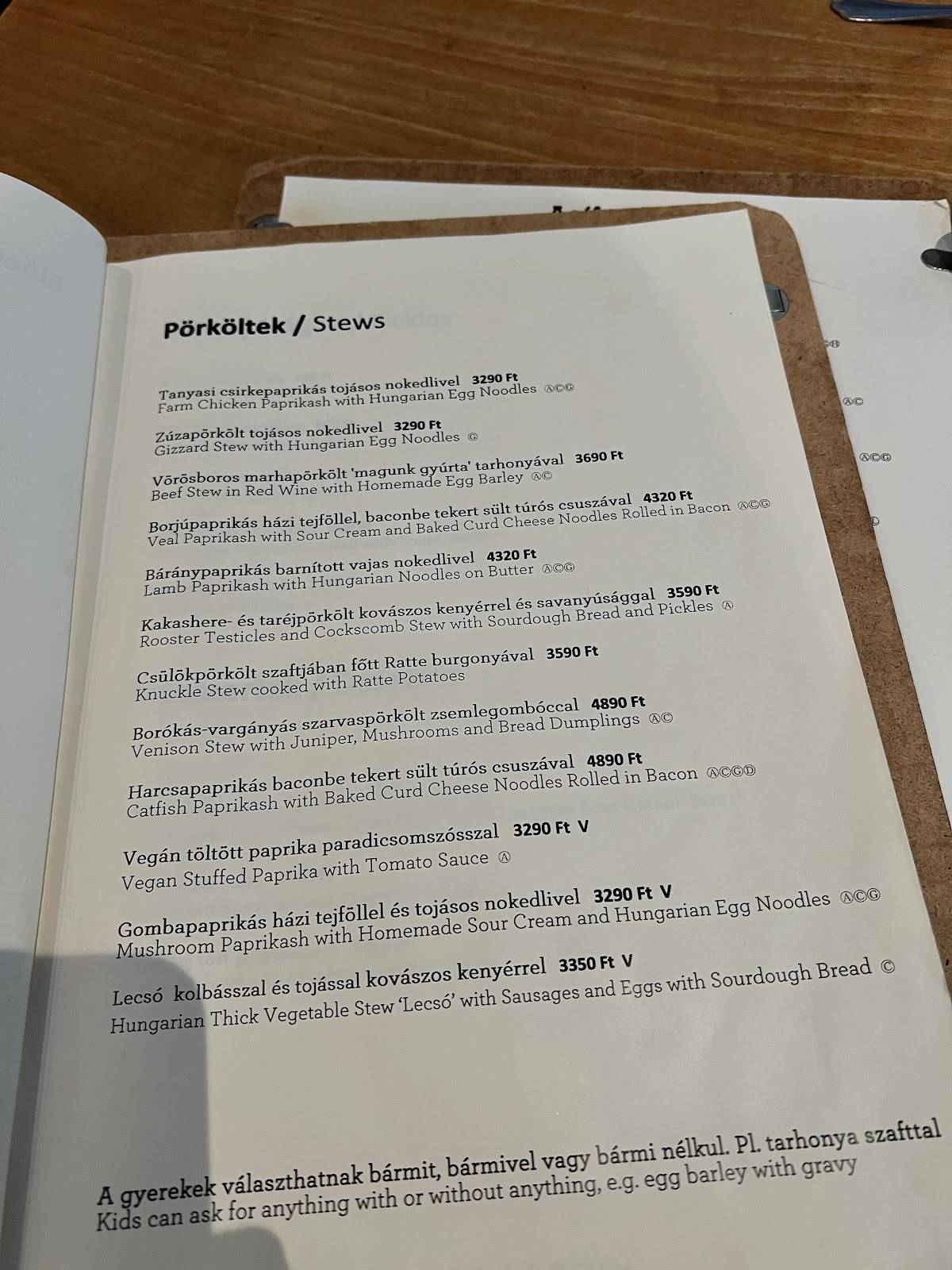 Menu at Gettó Gulyás restaurant, Budapest