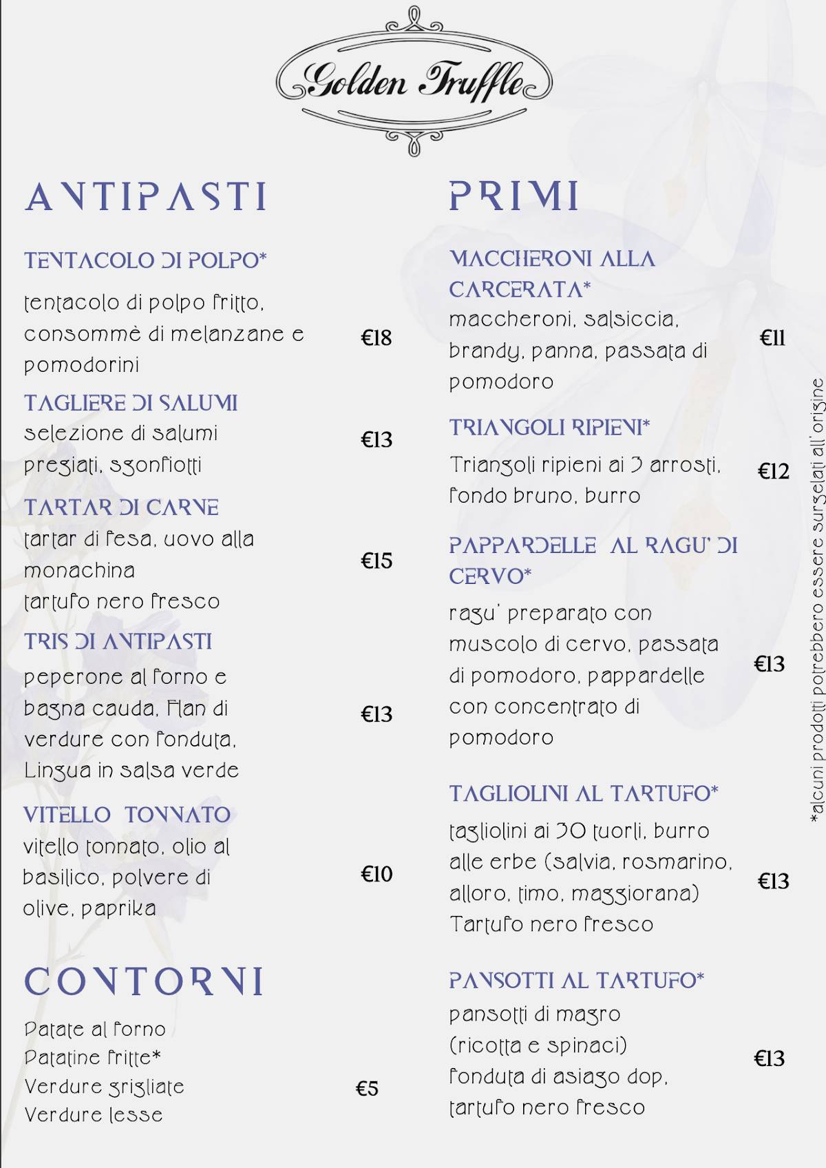 Menu at Golden Truffle restaurant, Asti