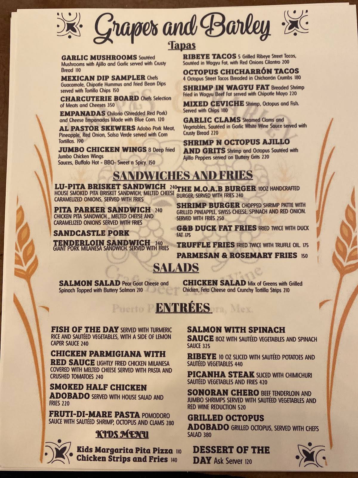 Menu at Grapes & Barley, Puerto Peñasco