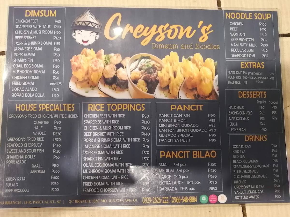 Menu at Greyson's Dimsum and Noodles - SAN JUAN BRANCH restaurant, San Juan