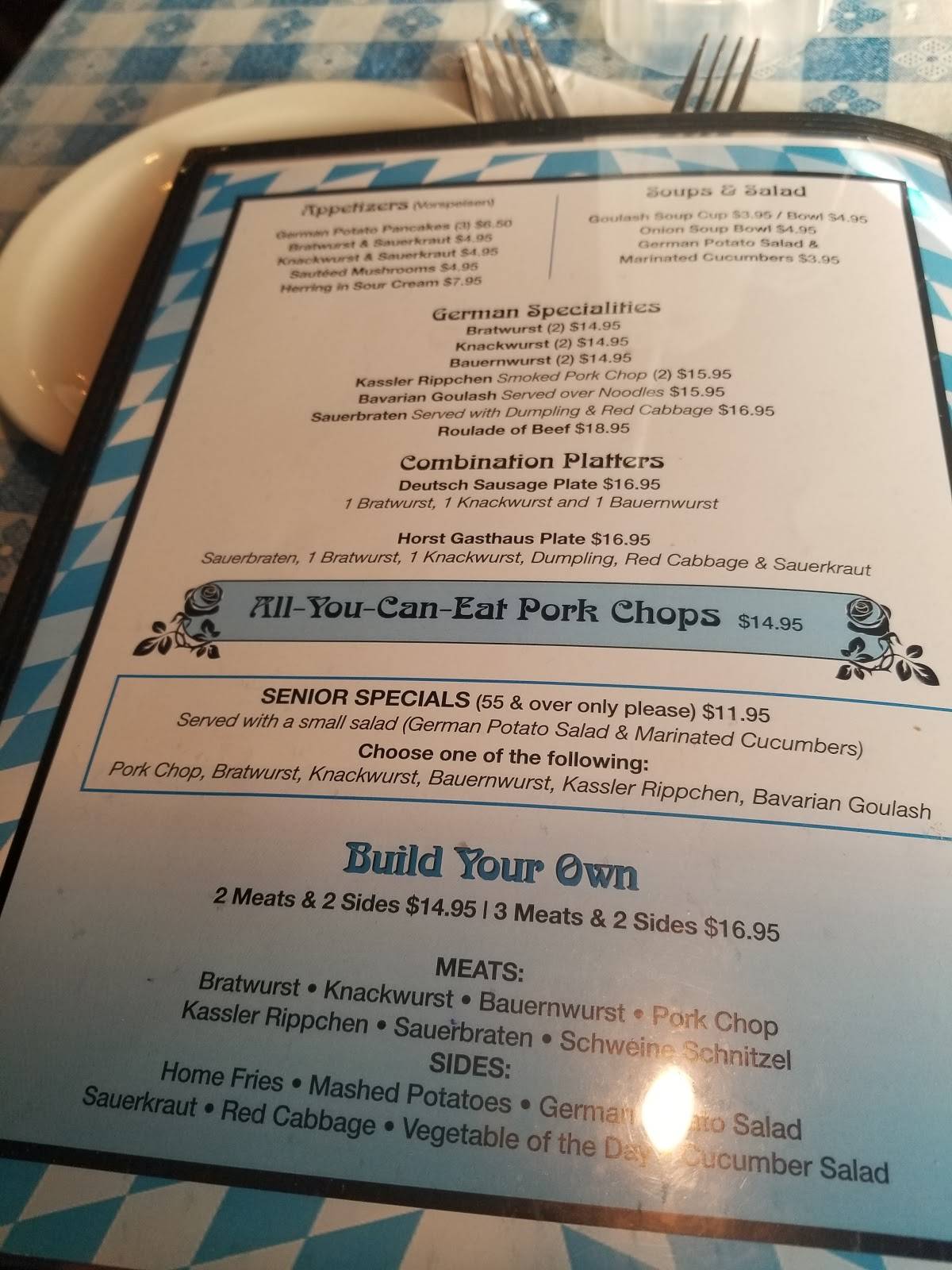 Menu at Horst Gasthaus restaurant, North Myrtle Beach