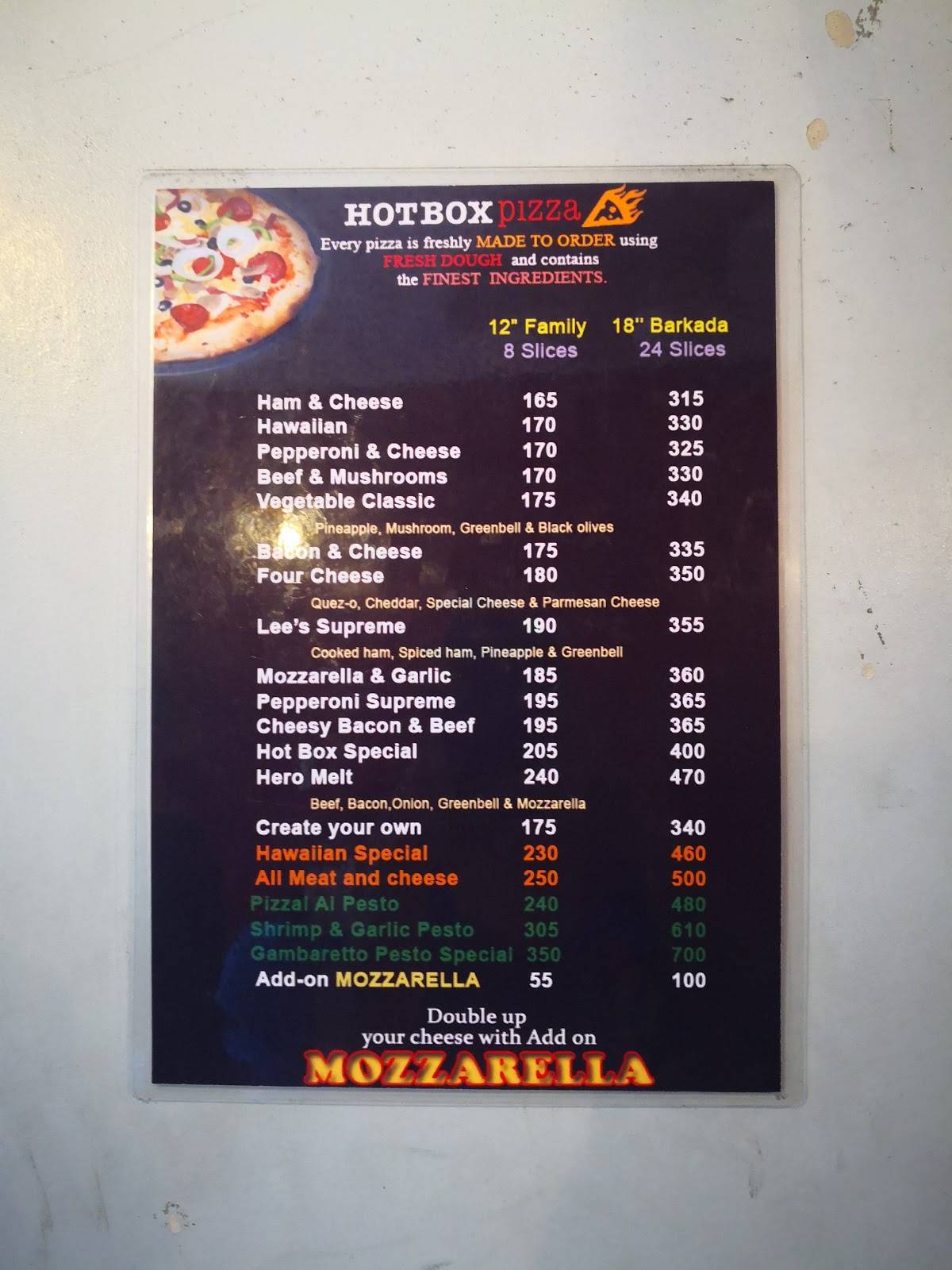 Menu at HotBox Pizza restaurant, Manila