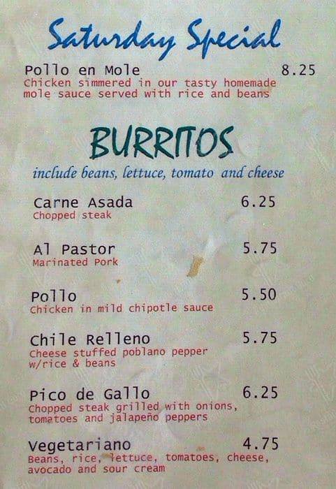 Menu at El Indio Cocina Mexicana restaurant, Chicago