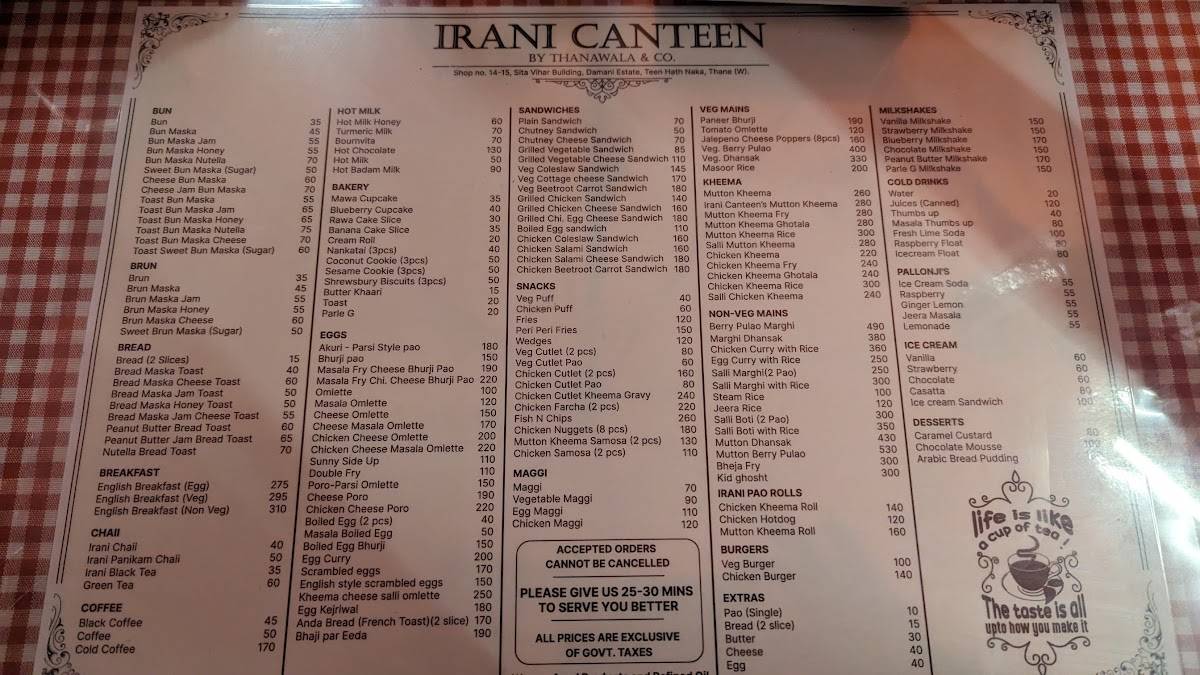 Menu at Irani Canteen, Thane