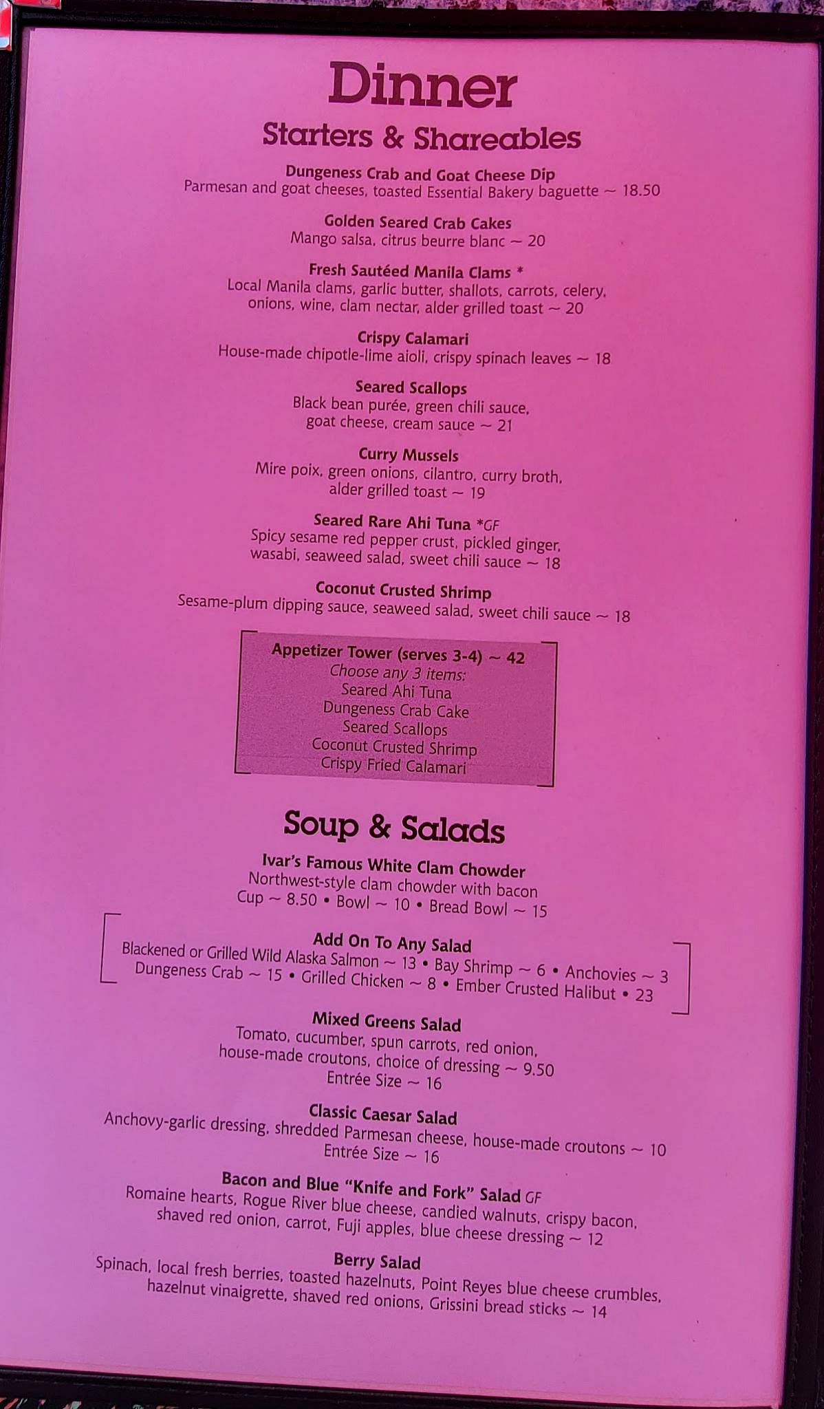 Menu at Ivar's Salmon House restaurant, Seattle