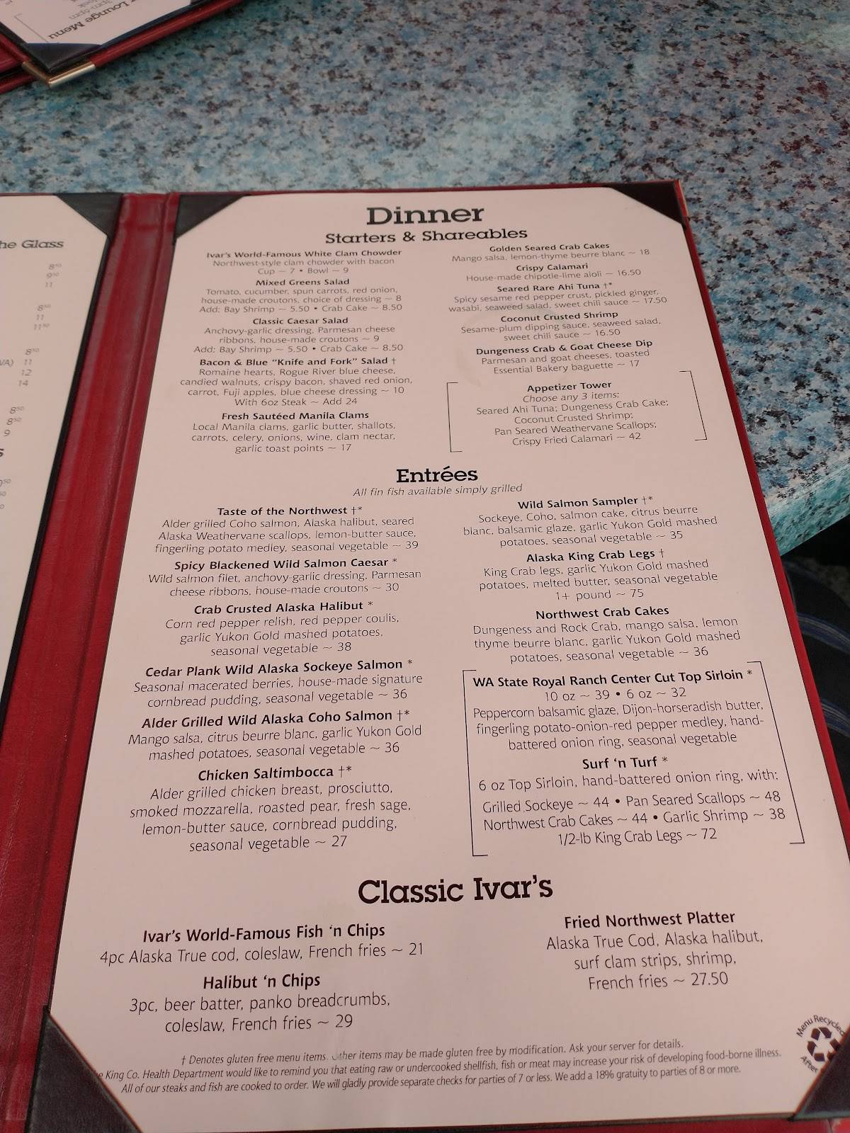 Menu at Ivar's Salmon House restaurant, Seattle