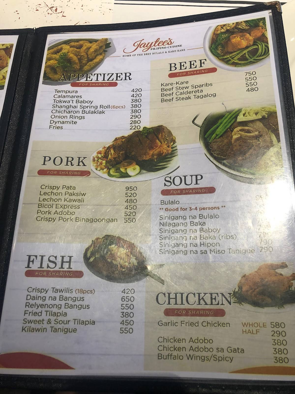 Menu at Jaytee's Classic Filipino Cuisine restaurant, Tagaytay, 4W2X+H5H
