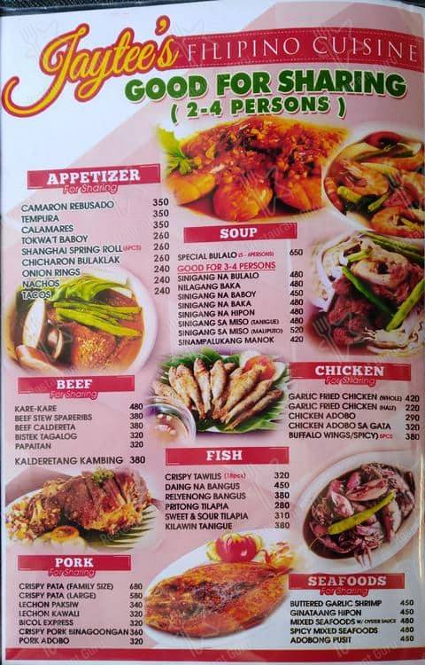 Menu at Jaytee's Classic Filipino Cuisine restaurant, Tagaytay, 4W2X+H5H