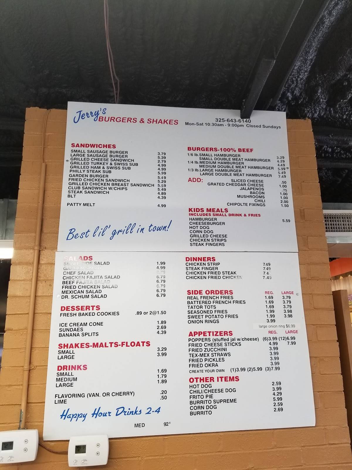 Menu at Jerry's Burgers & Shakes restaurant, Early