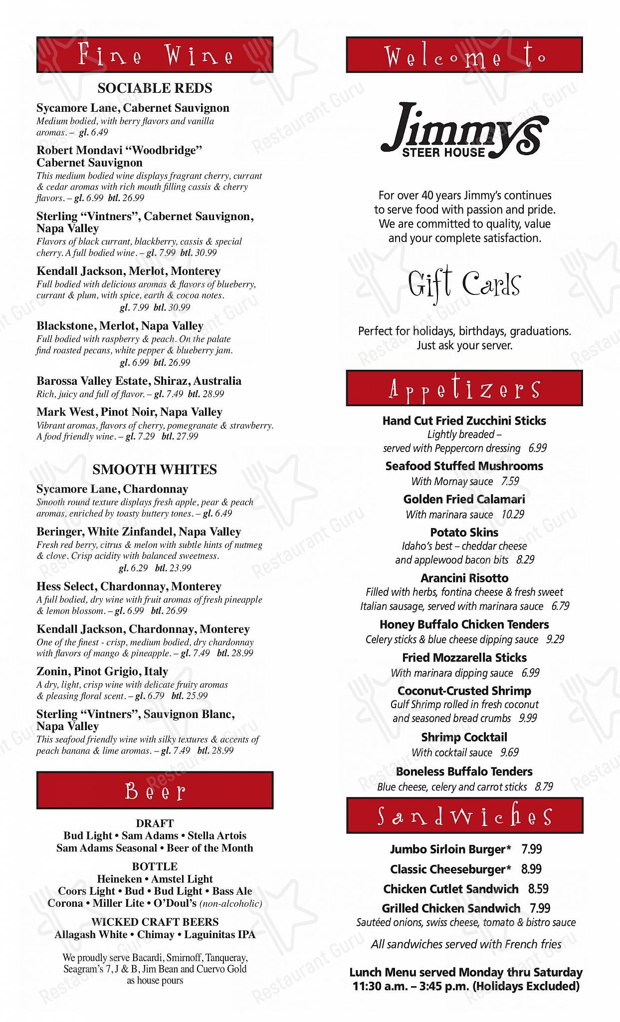 Menu at Jimmy's Steer House pub & bar, Arlington, Massachusetts Ave