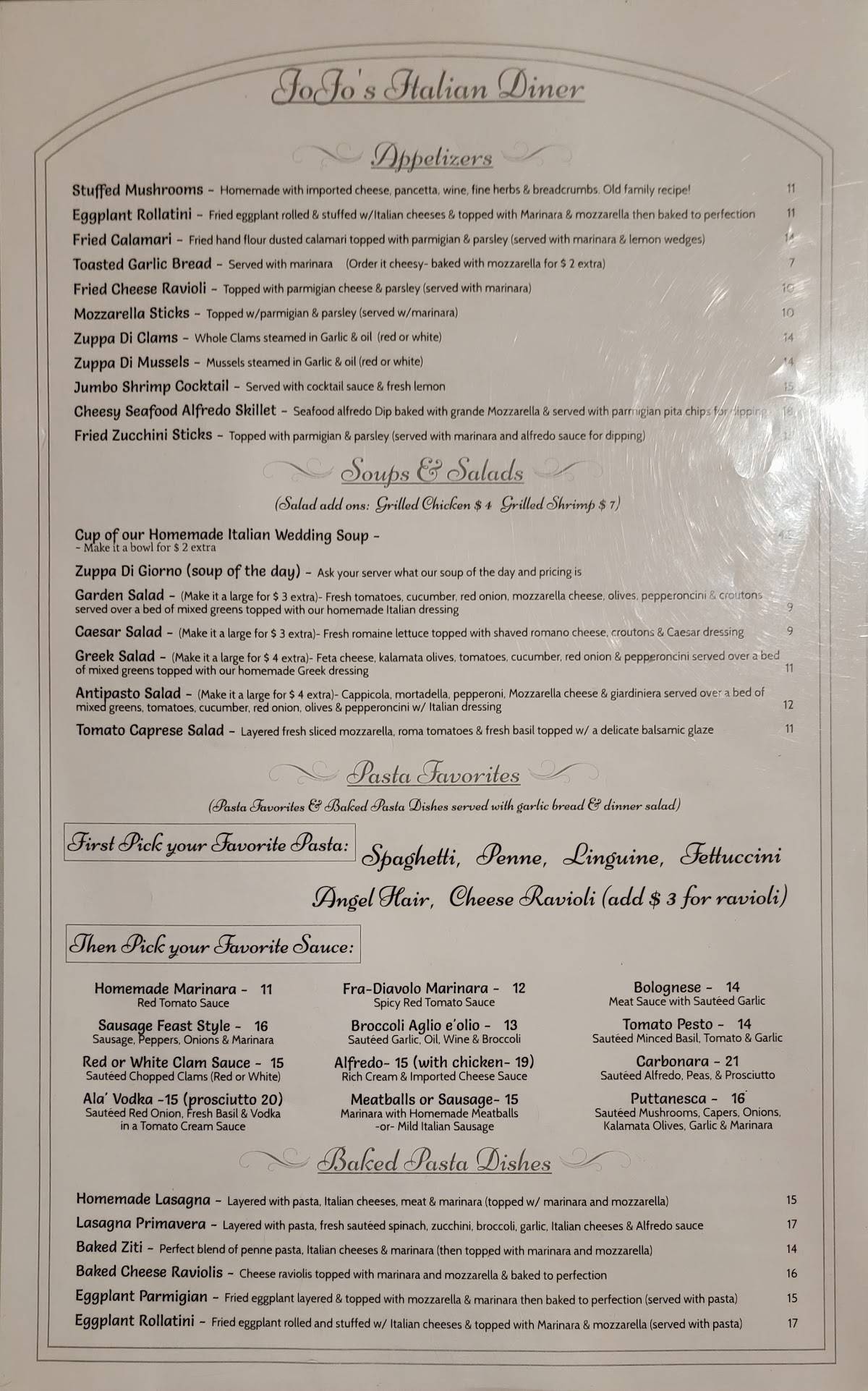Menu at JoJo's Italian Diner restaurant, Tarpon Springs
