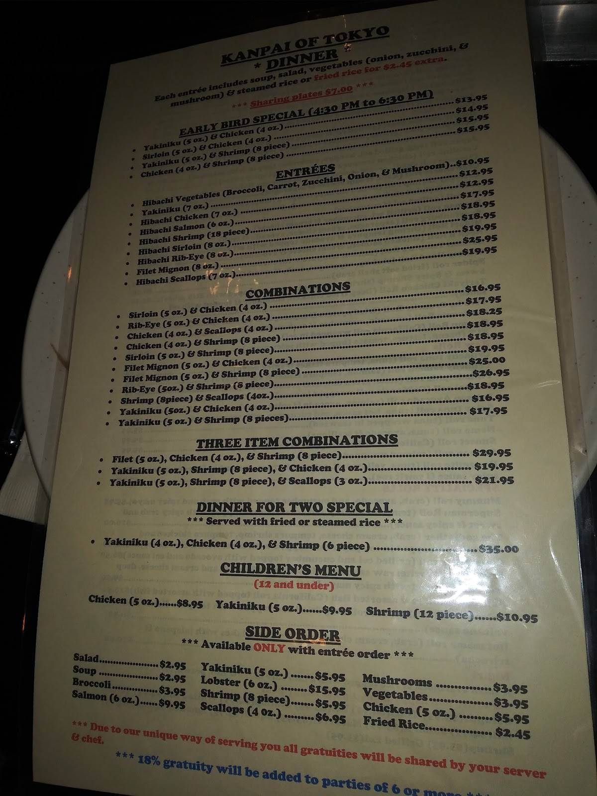 Menu at Kanpai of Tokyo restaurant, Spartanburg
