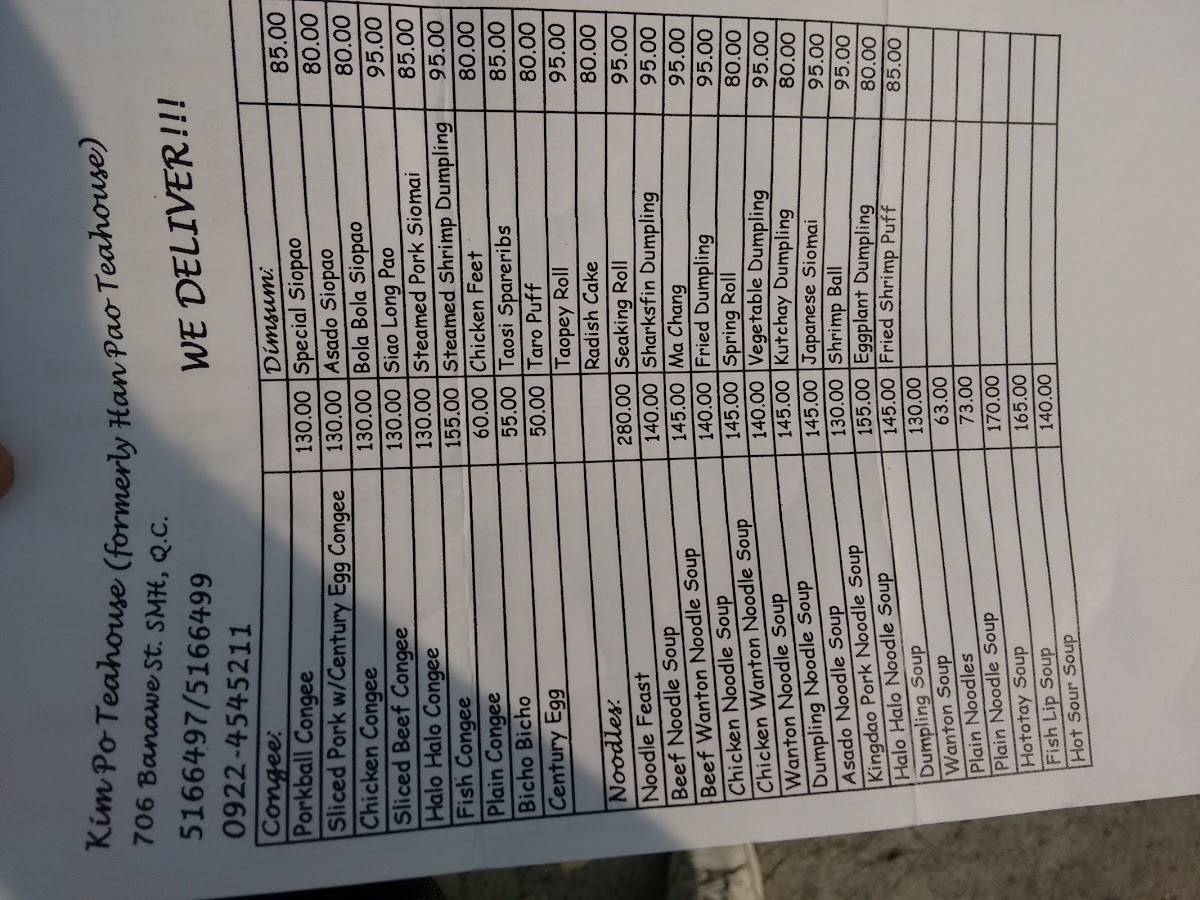 Menu at Kimpo Teahouse restaurant, Quezon City, 706 Banawe St