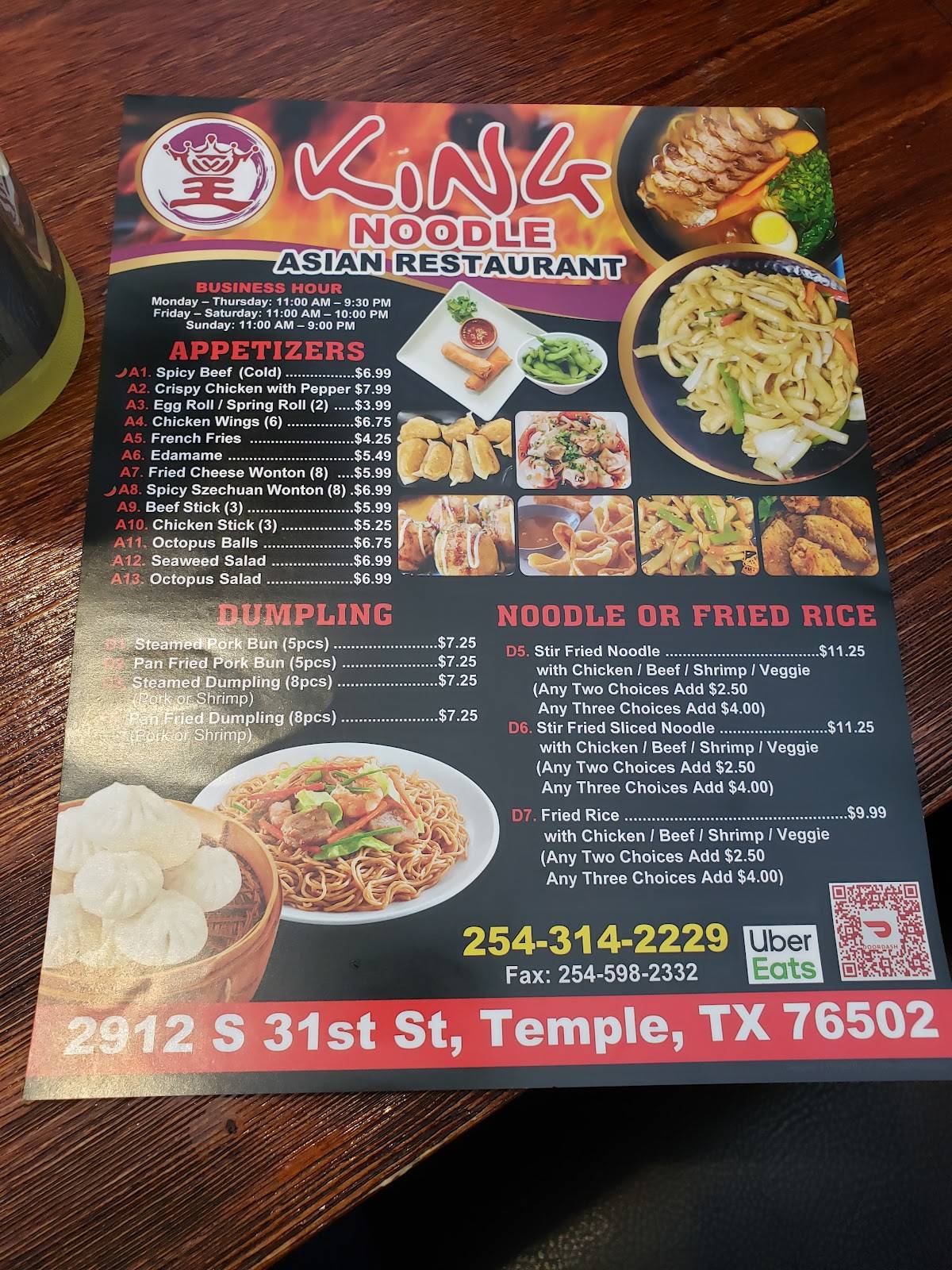 Menu at King Noodle Asian Restaurant, Temple