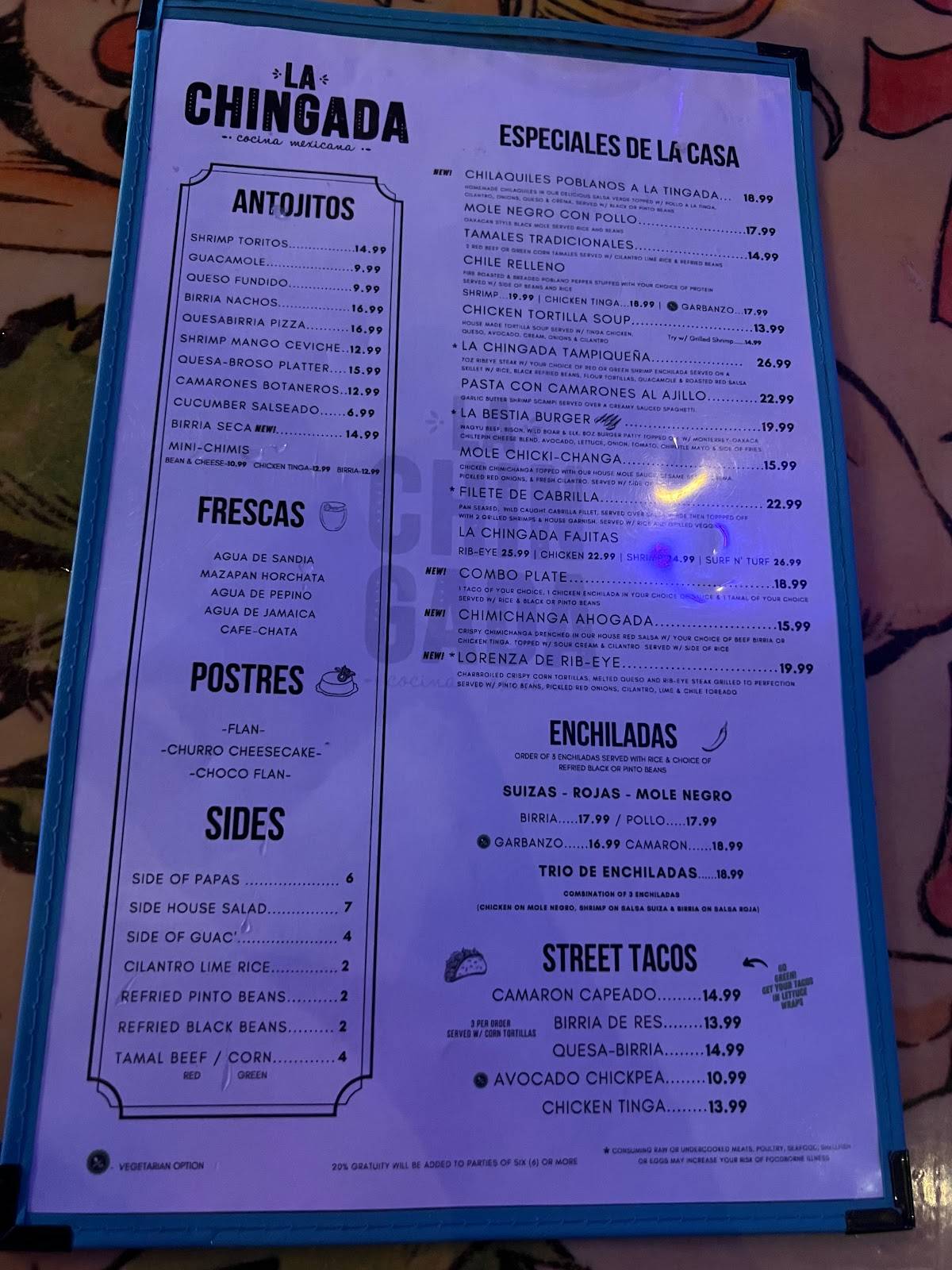 Menu at La Chingada Cocina Mexicana restaurant, Tucson