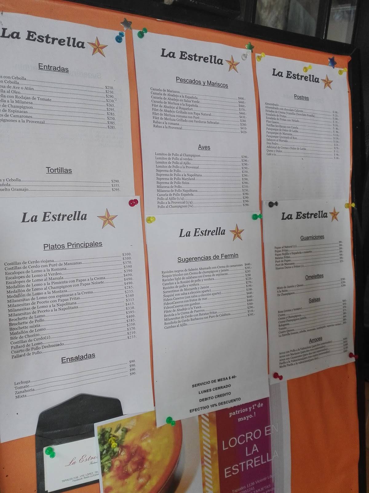 Carta de La Estrella Restaurant, Vicente López, Tapiales 1136