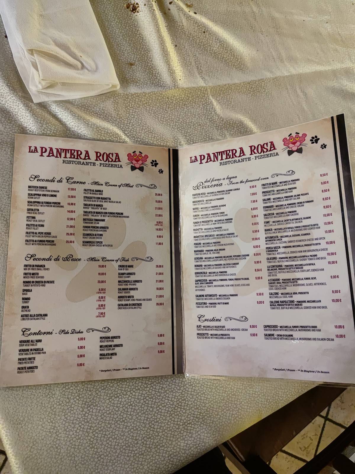 Menu au La Pantera Rosa restaurant, Rome, Piazzale del Verano