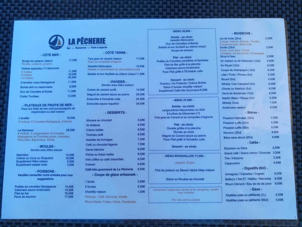 Menu au La Pêcherie Le Verdon sur Mer restaurant, Le Verdon-sur-Mer