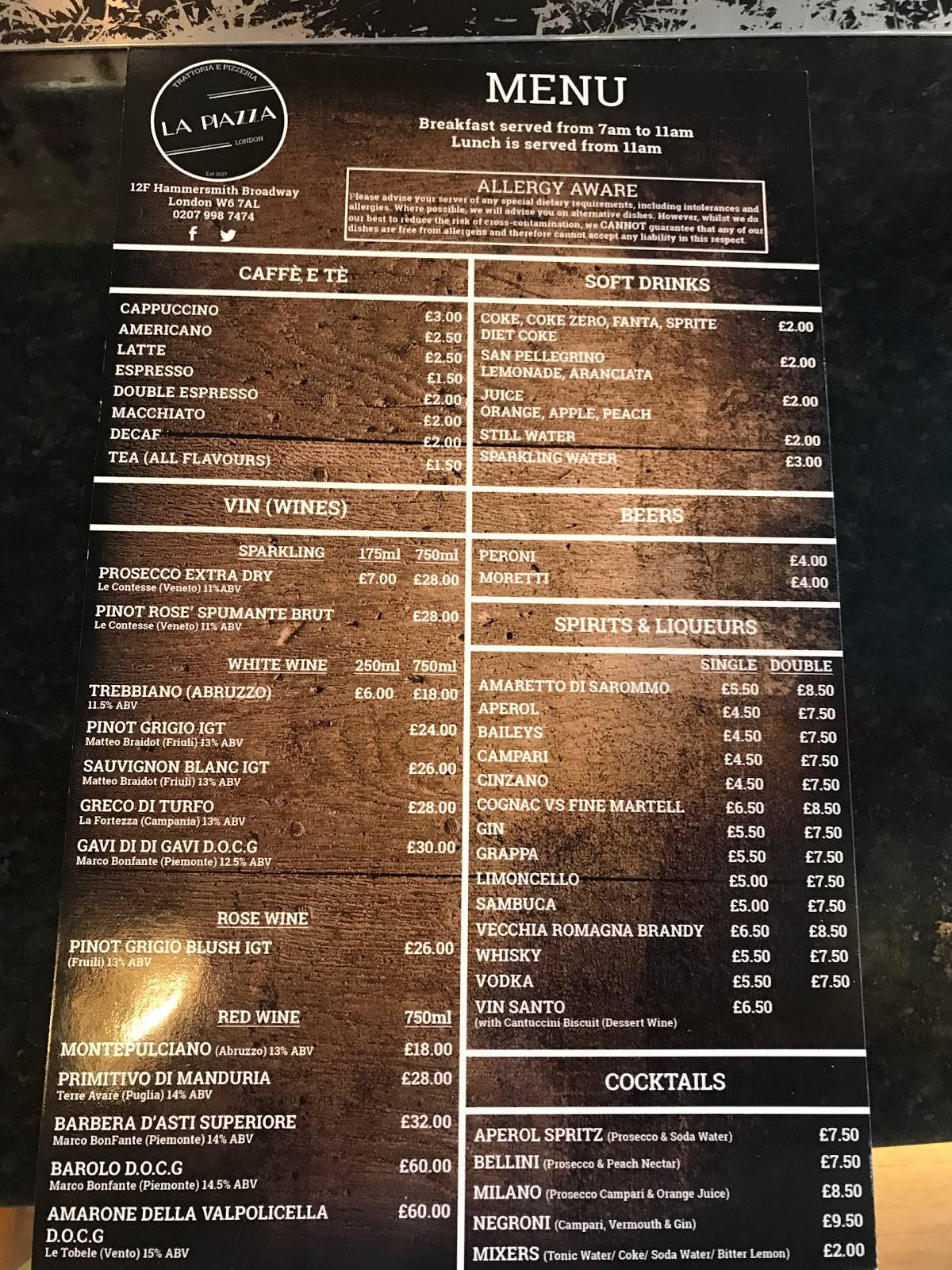Menu at La Piazza Restaurant, London, Hammersmith Broadway
