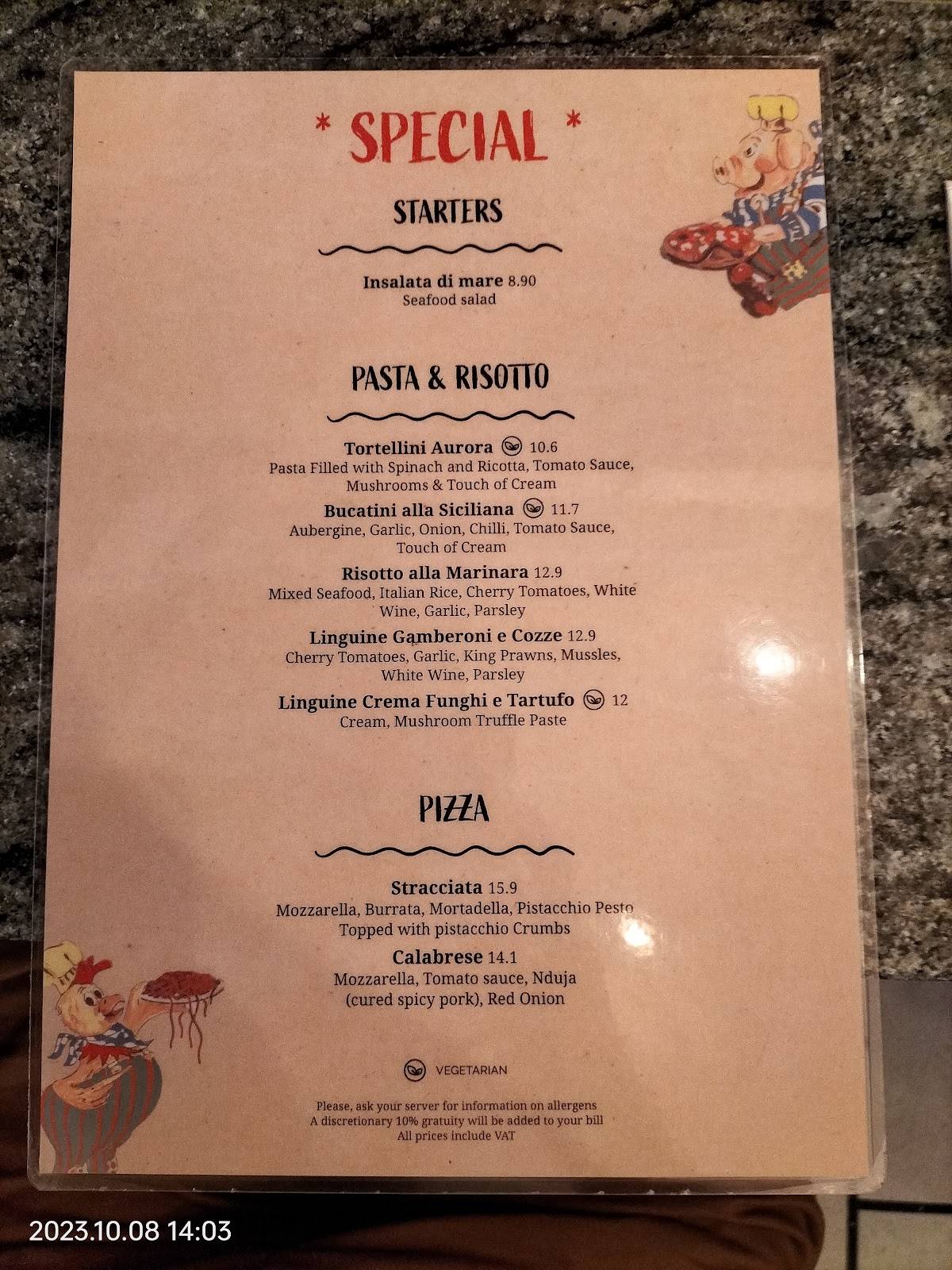 Menu at La Porchetta Pollo Bar, London