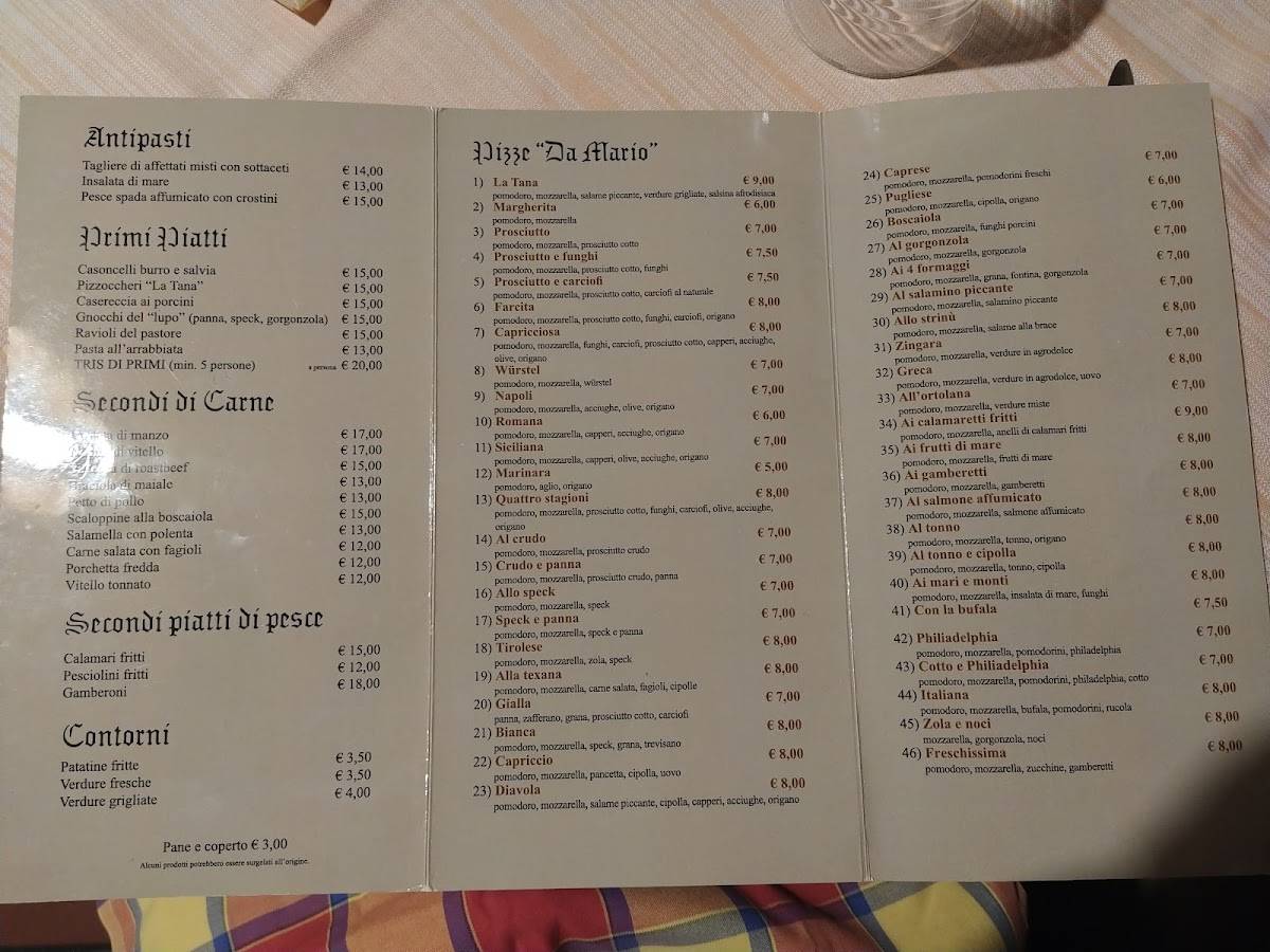 Menu da La Tana Da Mario ristorante, Gianico