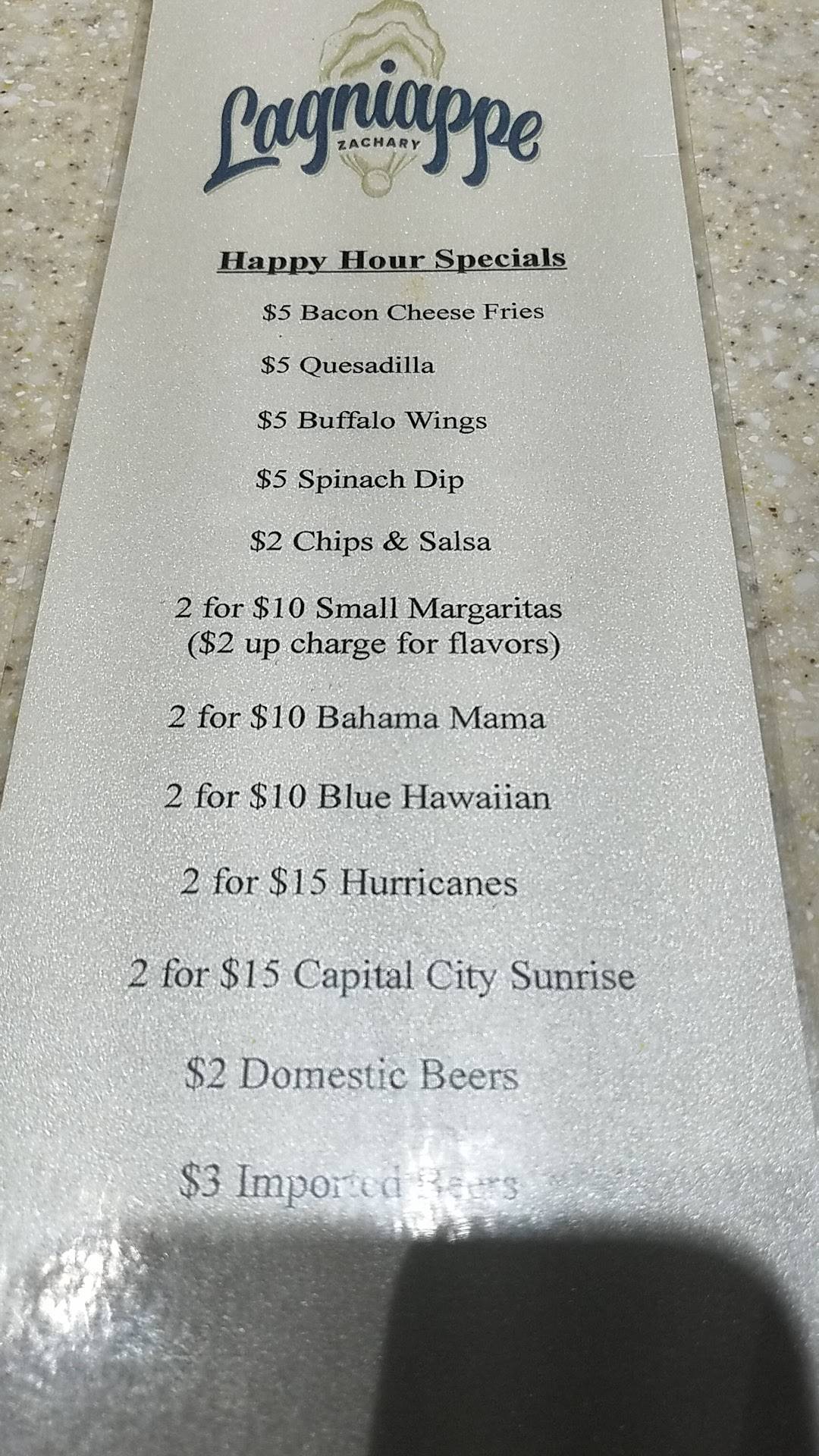 Menu at Lagniappe Zachary restaurant, Zachary