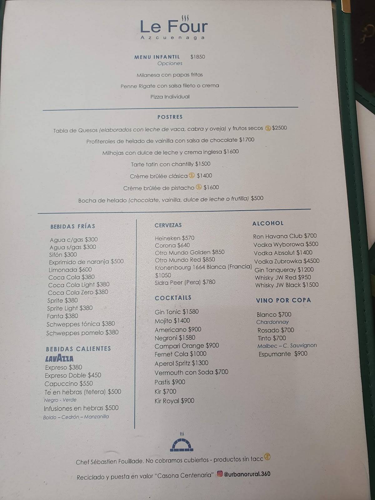 Carta del restaurante Le Four Azcuenaga, Azcuénaga